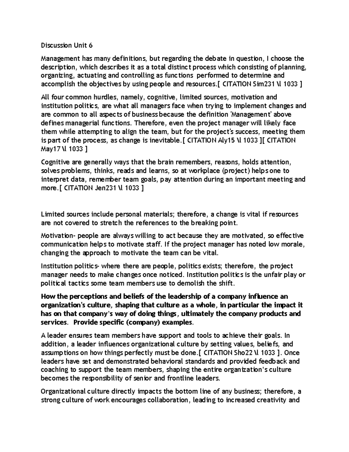 Discussion unit 6 - Discussion Unit 6 Management has many definitions ...