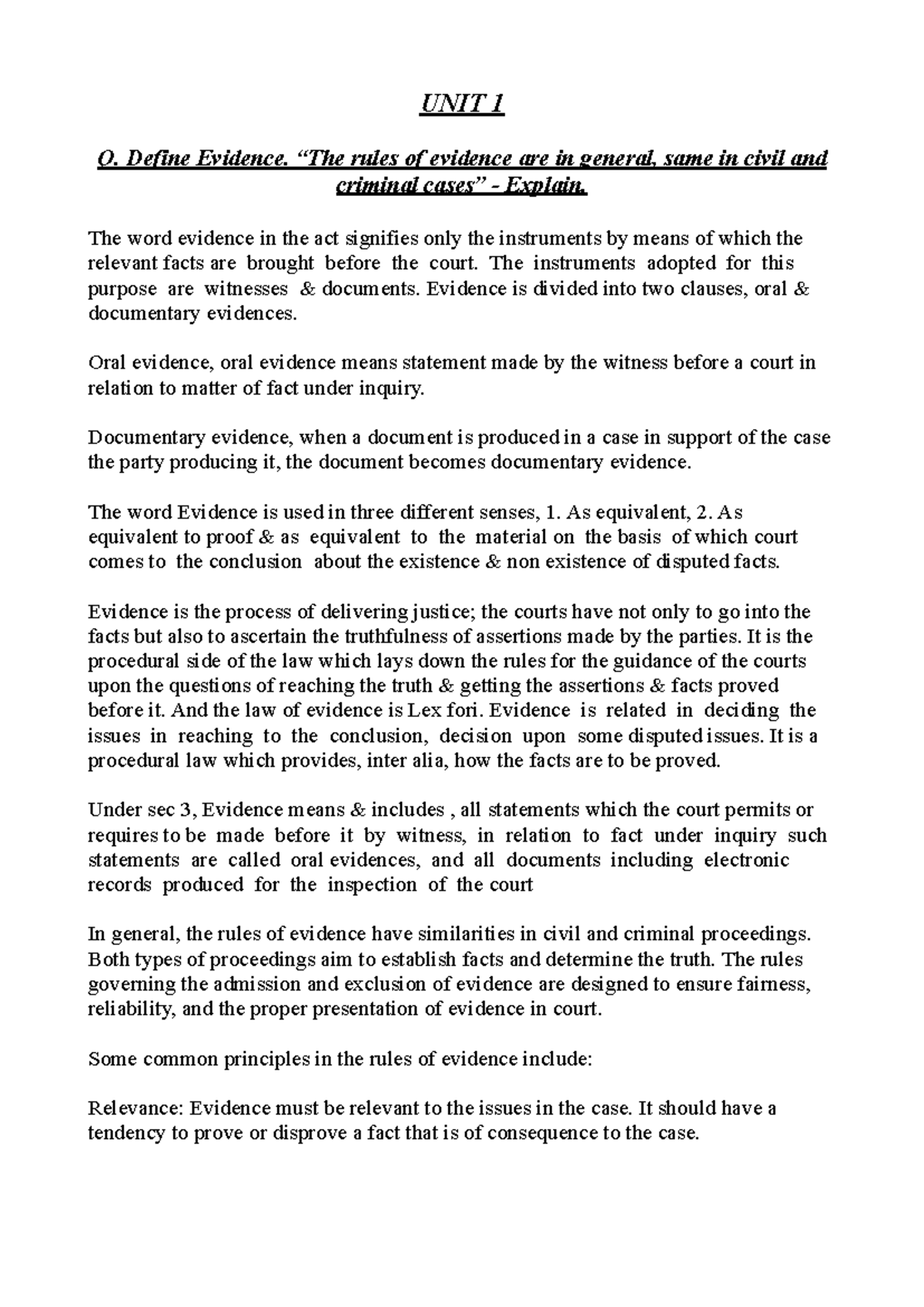 Evidence unit 1 - UNIT 1 Q. Define Evidence. “The rules of evidence are ...
