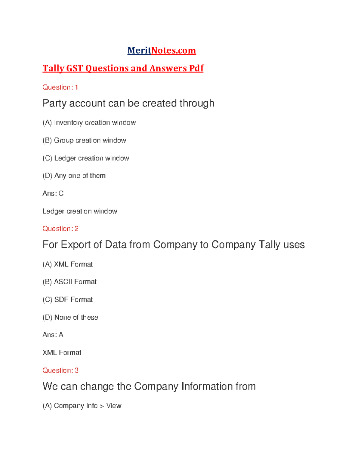 Tally Gst Questions Answers MeritNotes Tally GST Questions And 