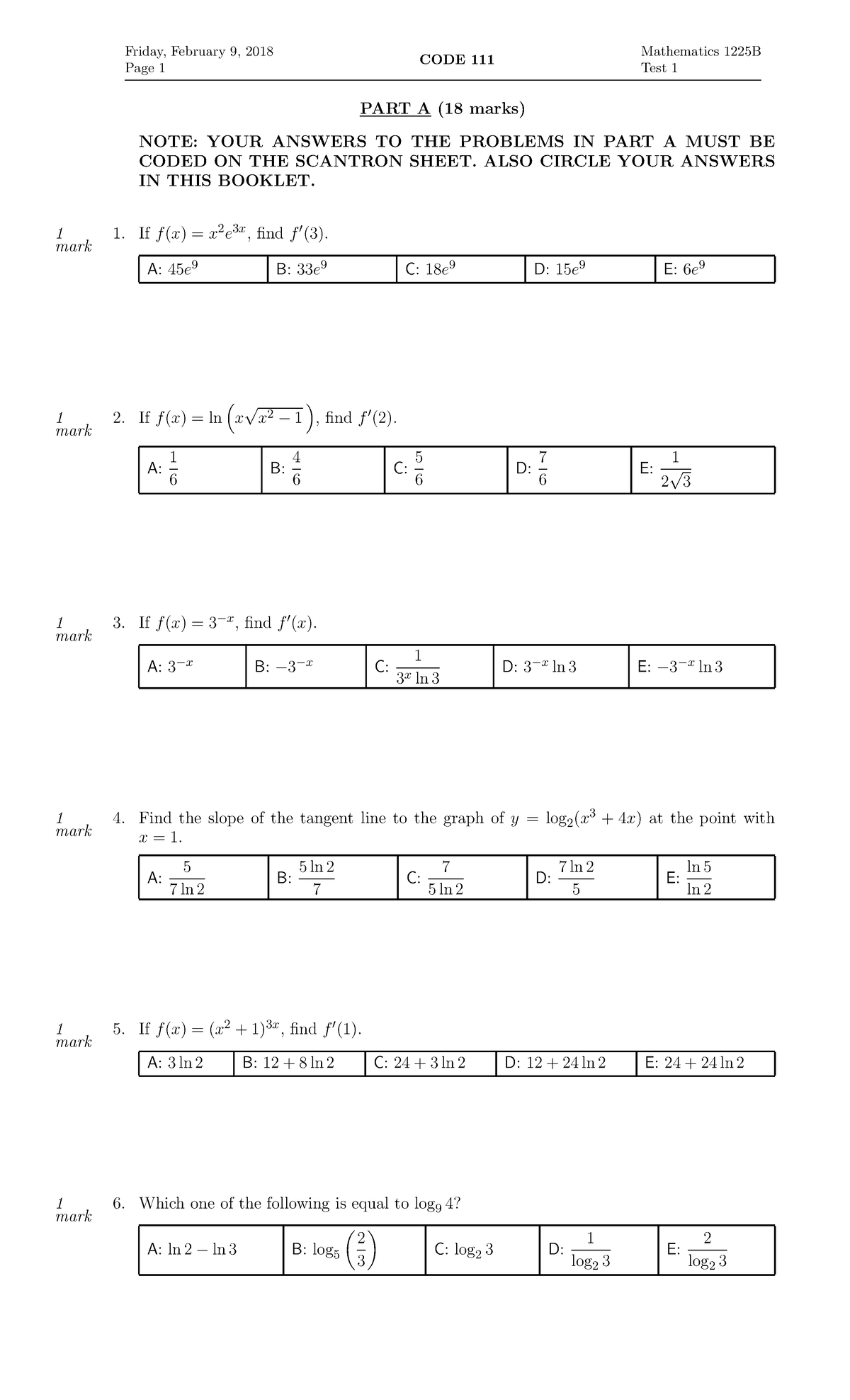 Math 1225 Sample Exam - Friday, February 9, 2018 Page 1 CODE 111 ...