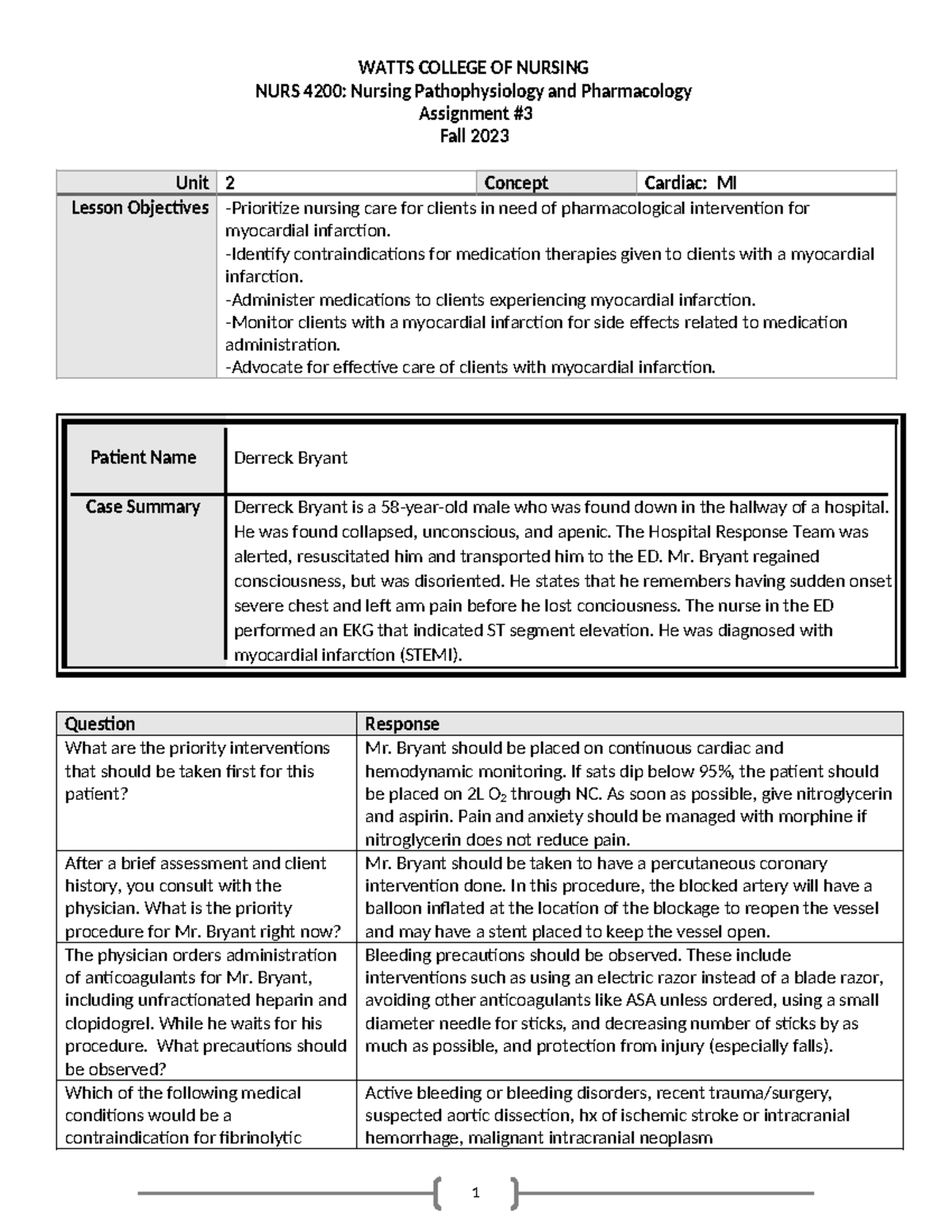 MI Case Study (Assignment 3) - 1 WATTS COLLEGE OF NURSING NURS 4200: Nursing Pathophysiology and ...