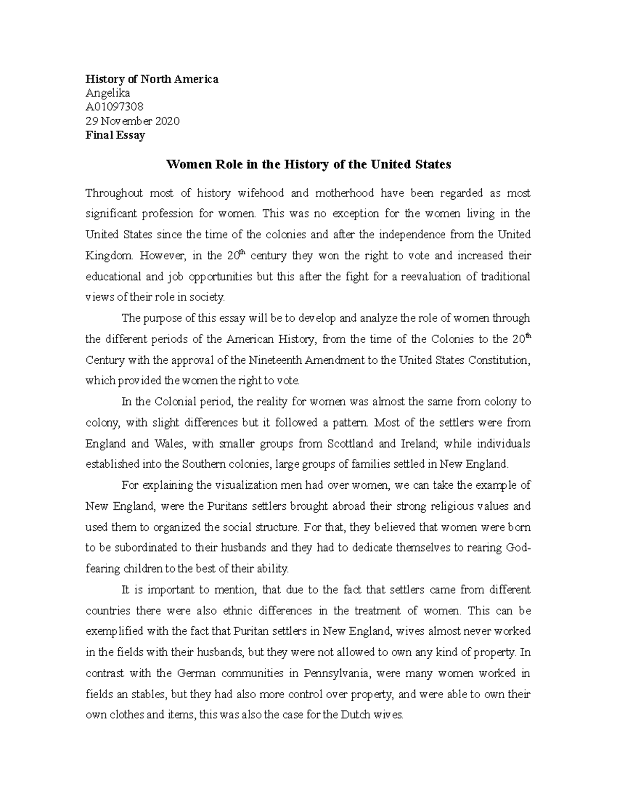 Final Essay History of North America- Women Role in the History of the ...