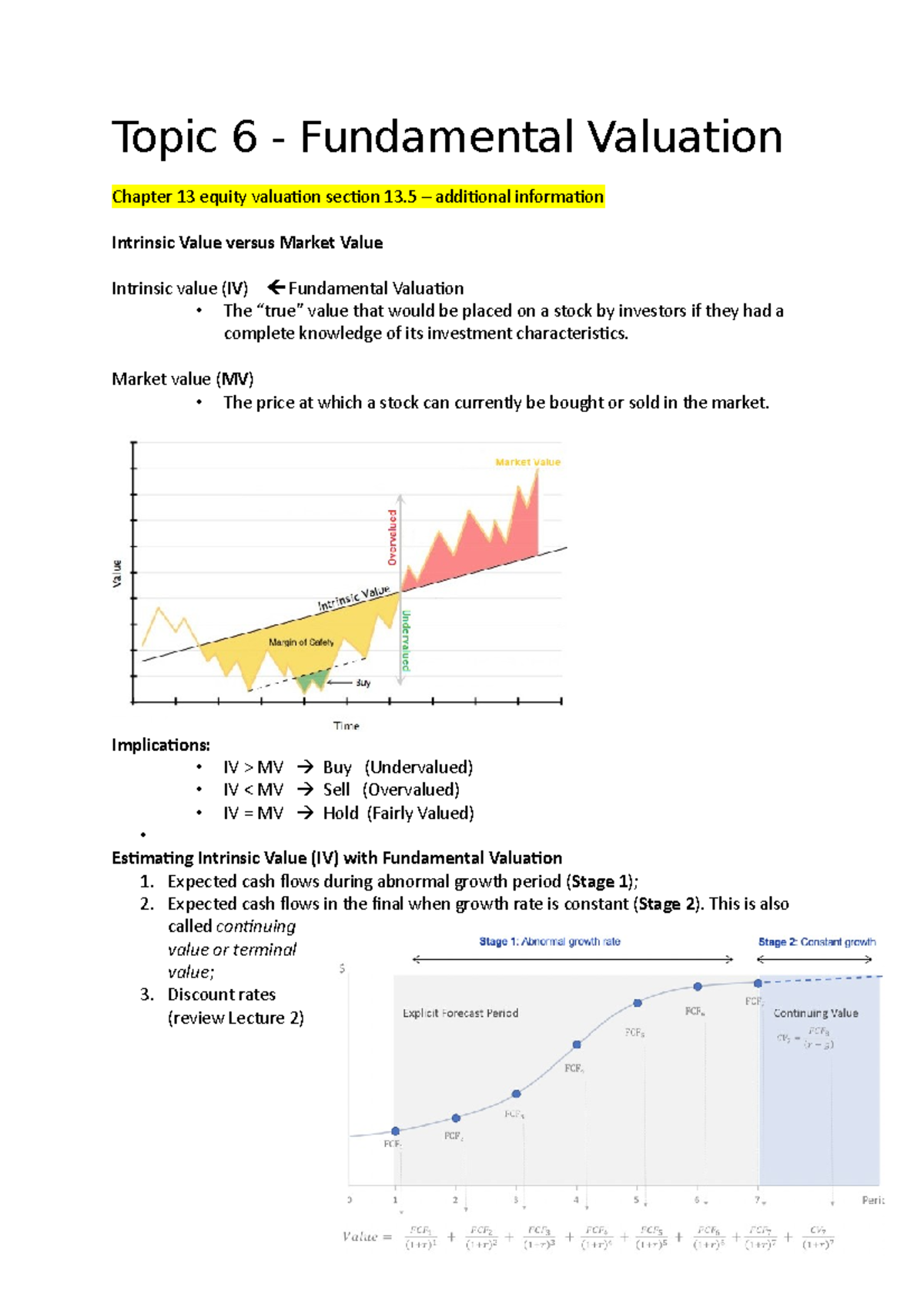 Lecture 6 - let notes - Topic 6 - Fundamental Valuation Chapter 13 ...