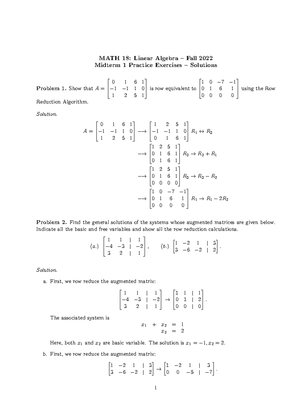 Practice 1(Bach) solutions - MATH 18: Linear Algebra – Fall 2022 ...