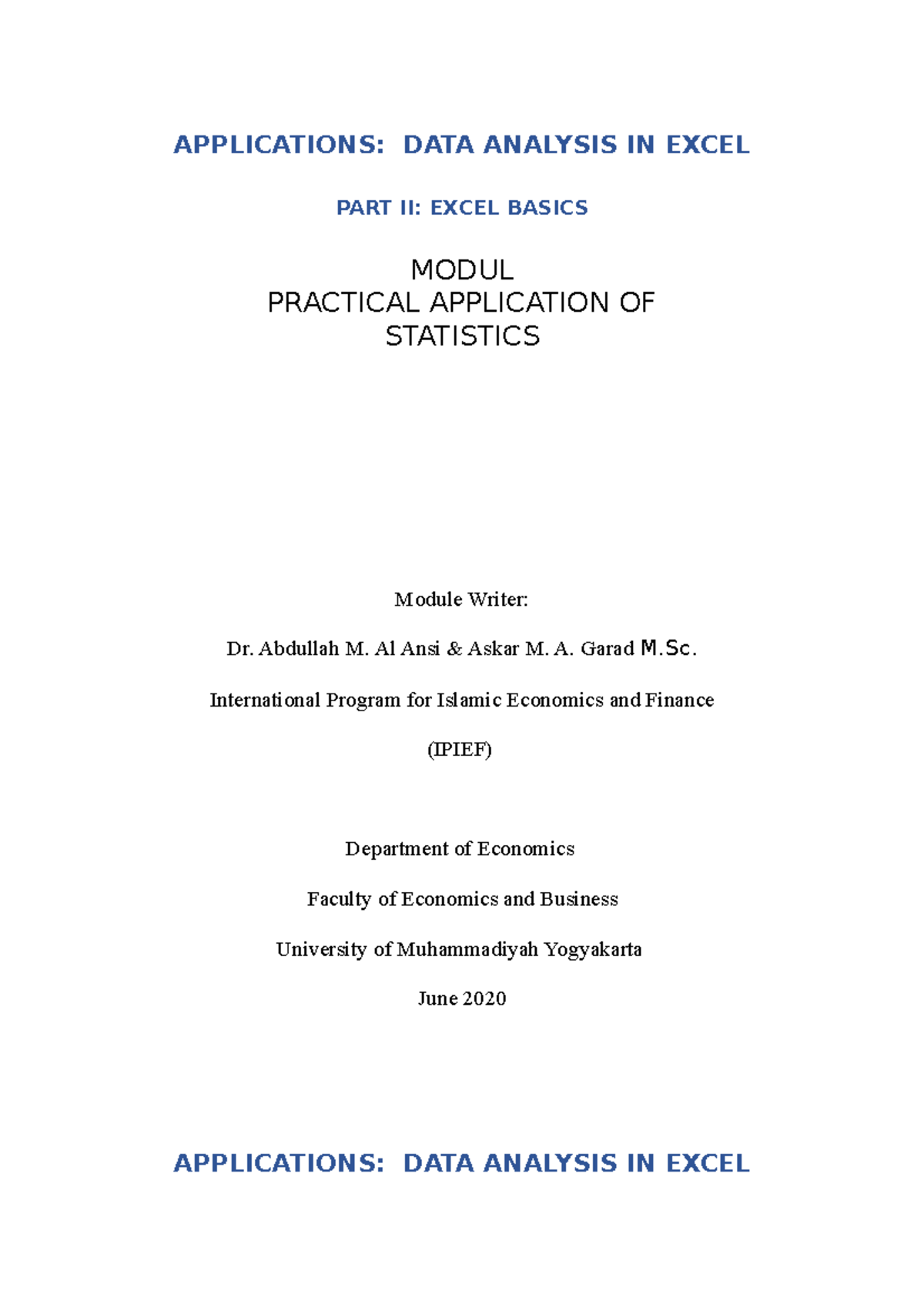 Applications DATA Analysis IN Excel- PART II- Excel Basics ...