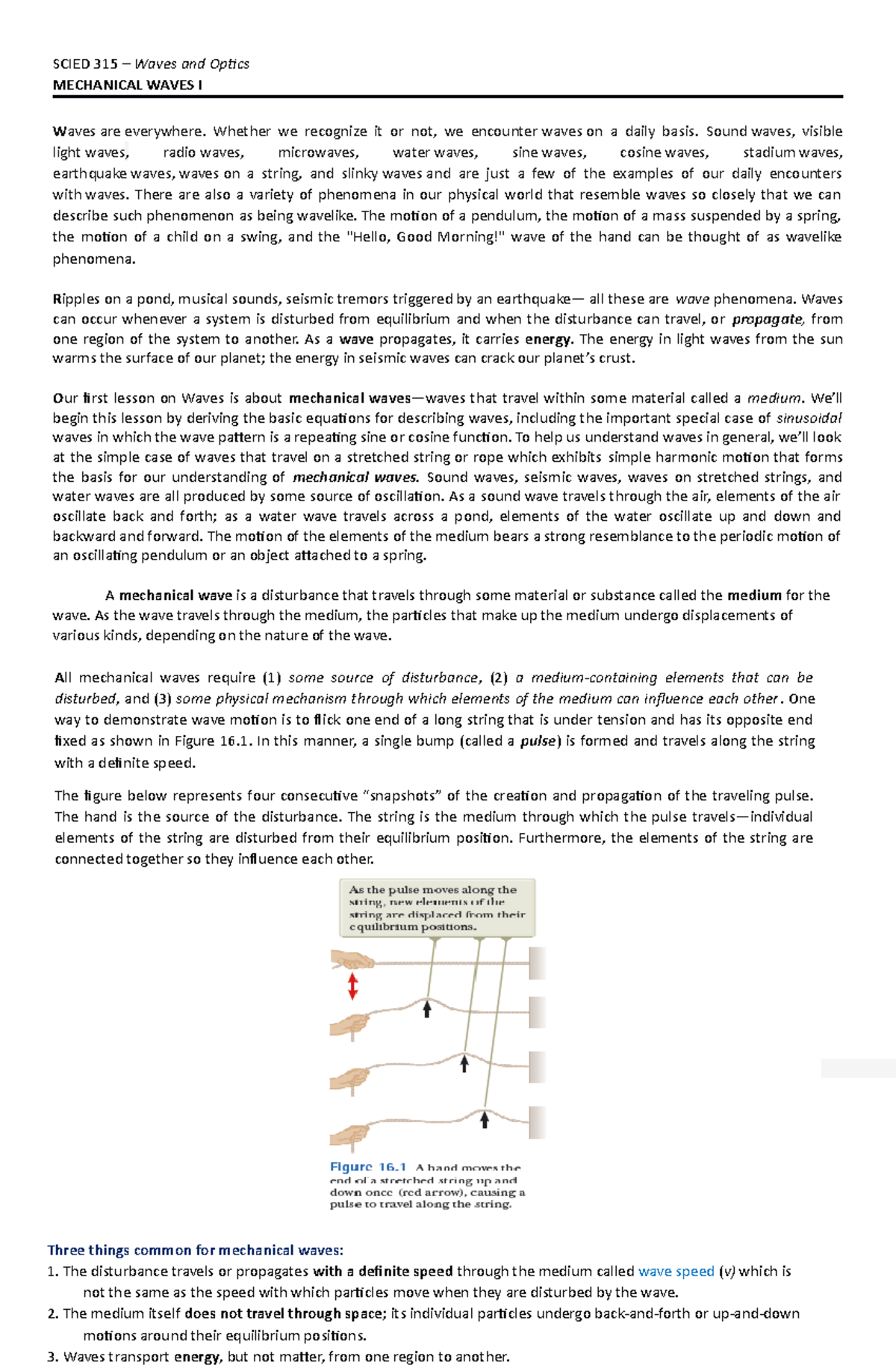 Mechanical waves 1a - SCIED 315 – Waves and Optics MECHANICAL WAVES I ...
