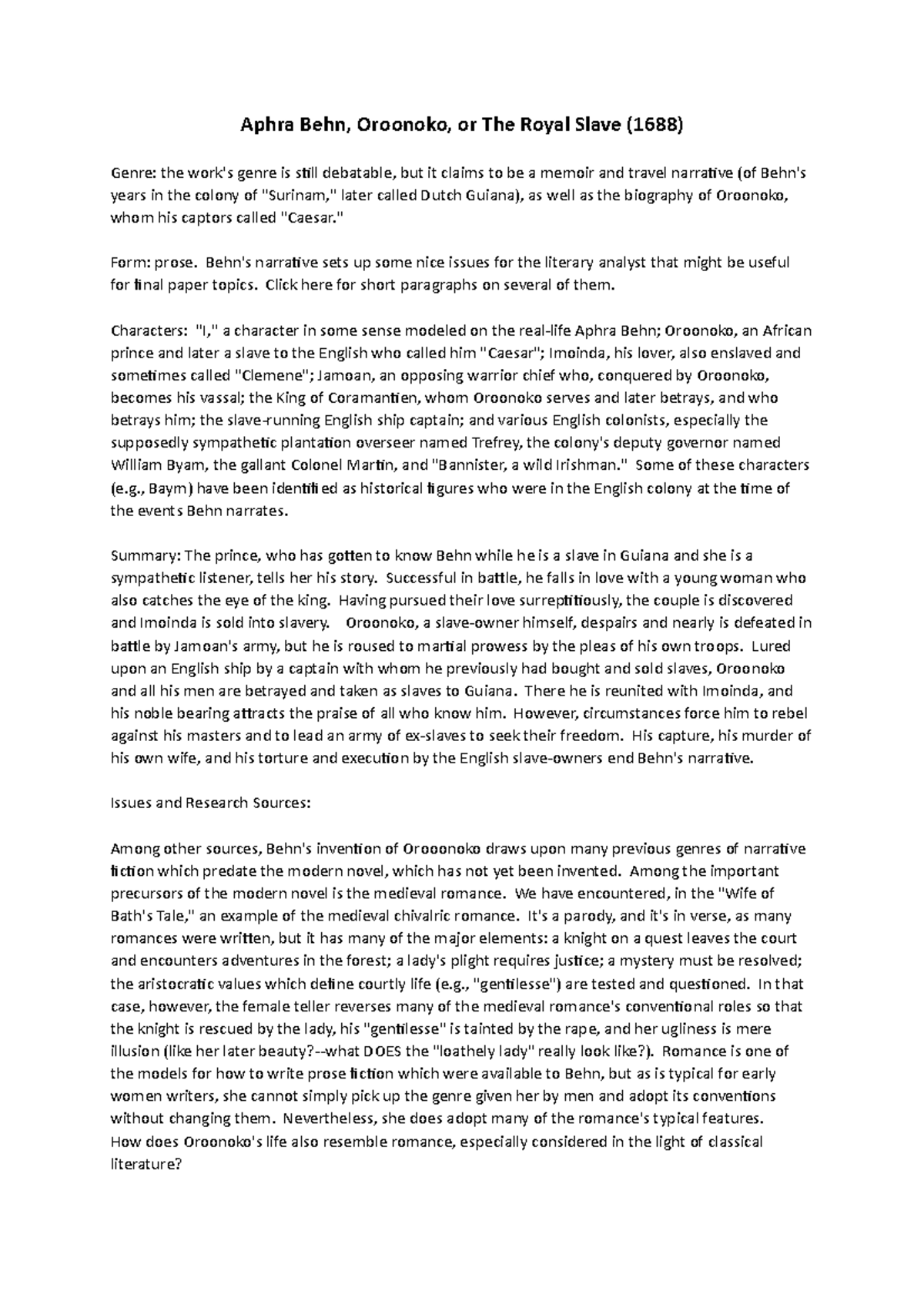 Aphra Behn, Oroonoko, or The Royal Slave (1688) - Oroonoko the Rover ...