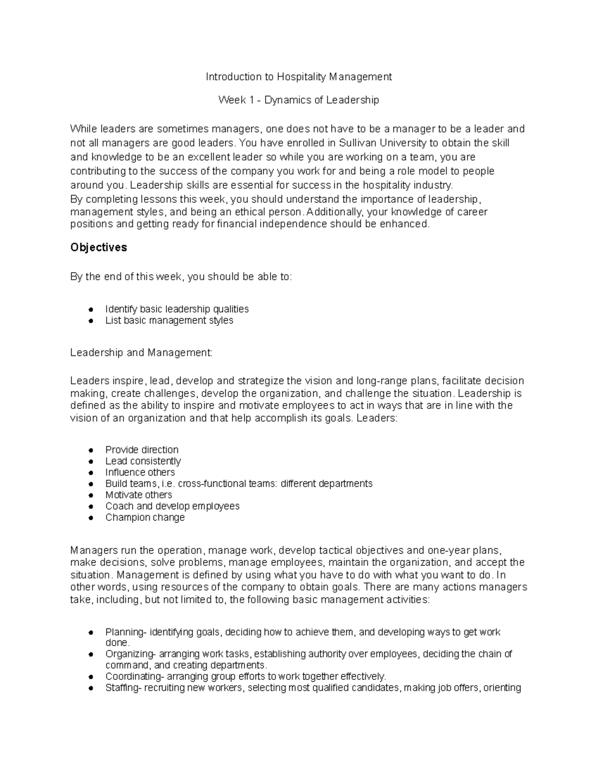 Introduction of Hospitality Management. Week 1 (Notes) Dynamics of ...