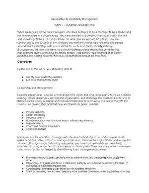 Introduction of Hospitality Management. Week 5 (Notes) Leaders ...