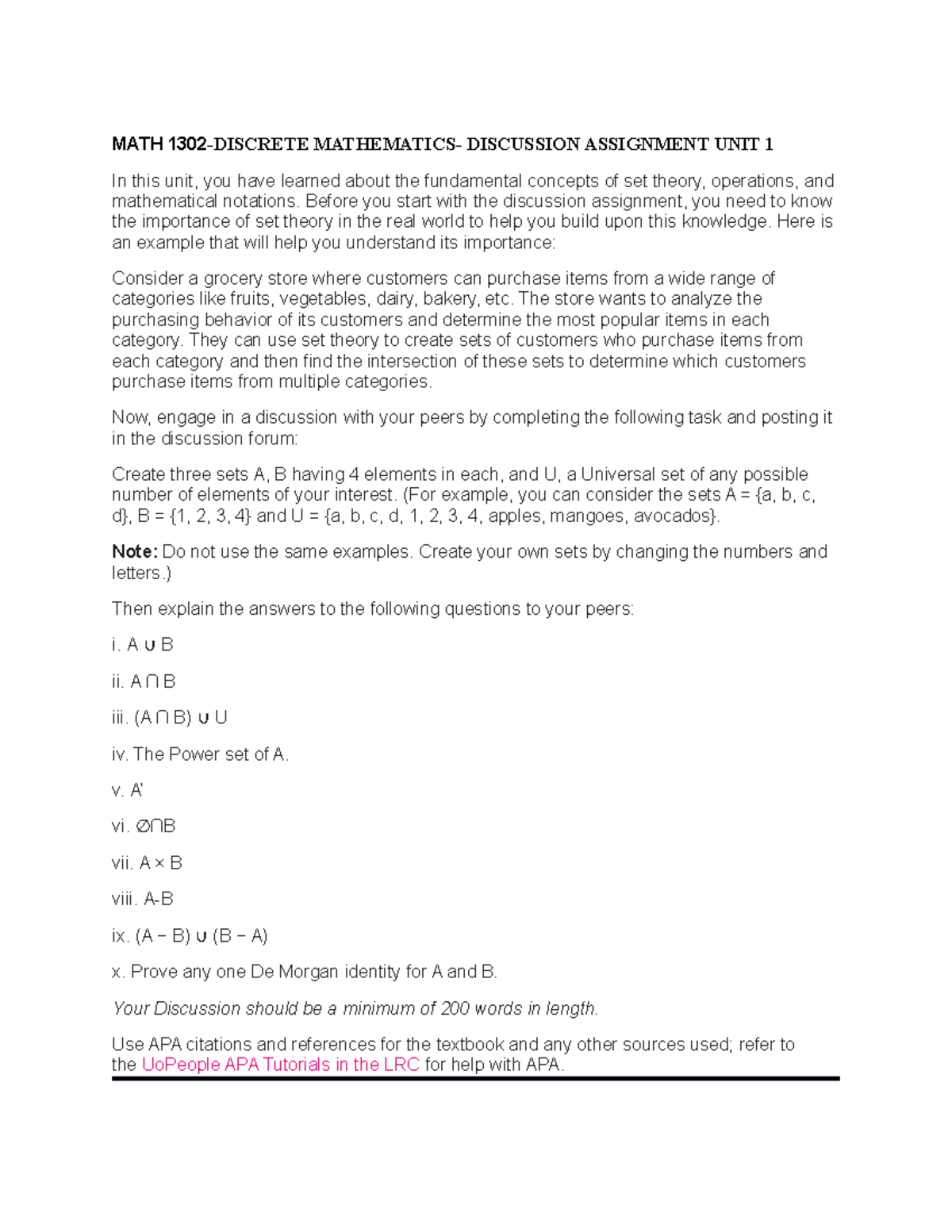 Math 1302 Discussion assignment Unit 1 Discrete Mathematics - MATH 1302 ...