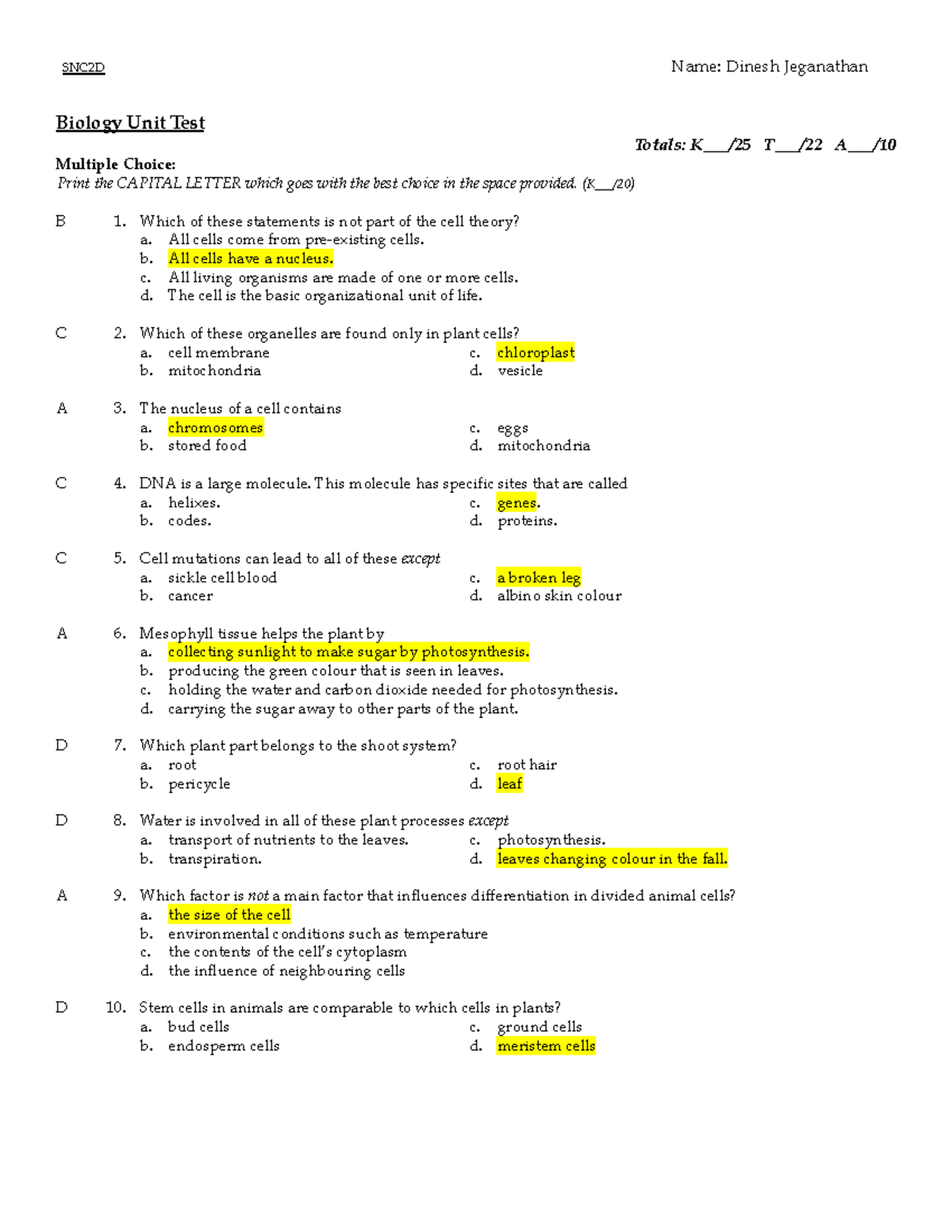 Dinesh Jeganathan - Online Biology Unit Test - Biology Unit Test Totals ...