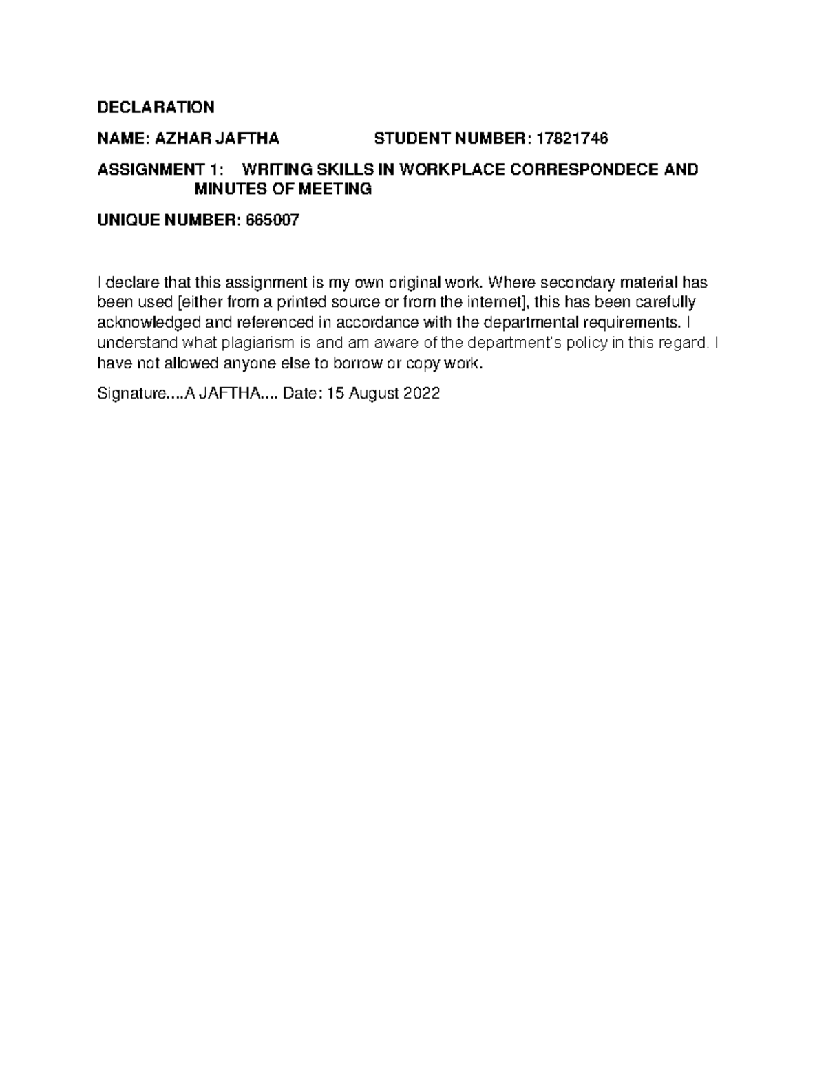 ENN1504-Assignment- 955007 - DECLARATION NAME: AZHAR JAFTHA STUDENT ...