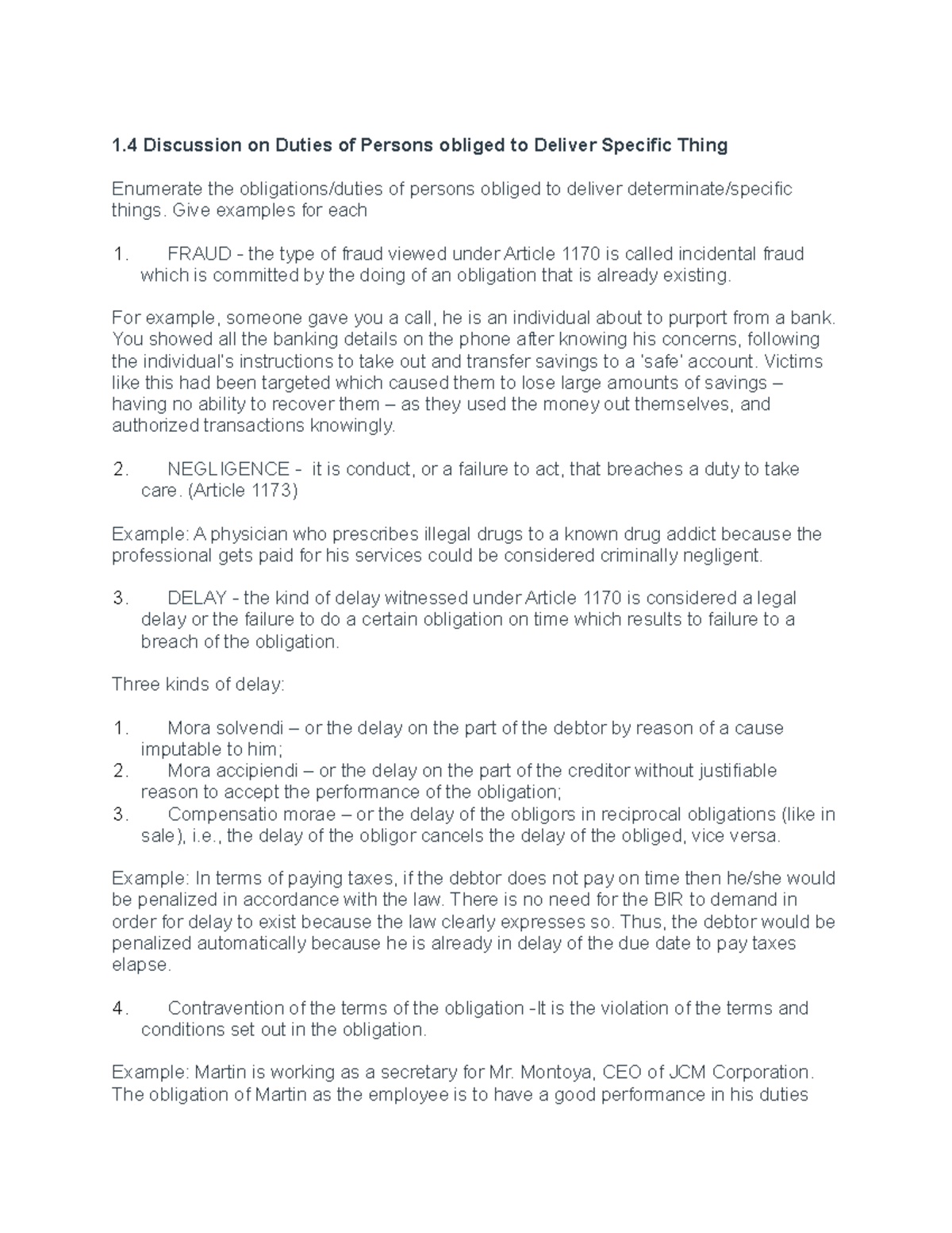 1.4 Discussion on Duties of Persons obliged to Deliver Specific Thing ...