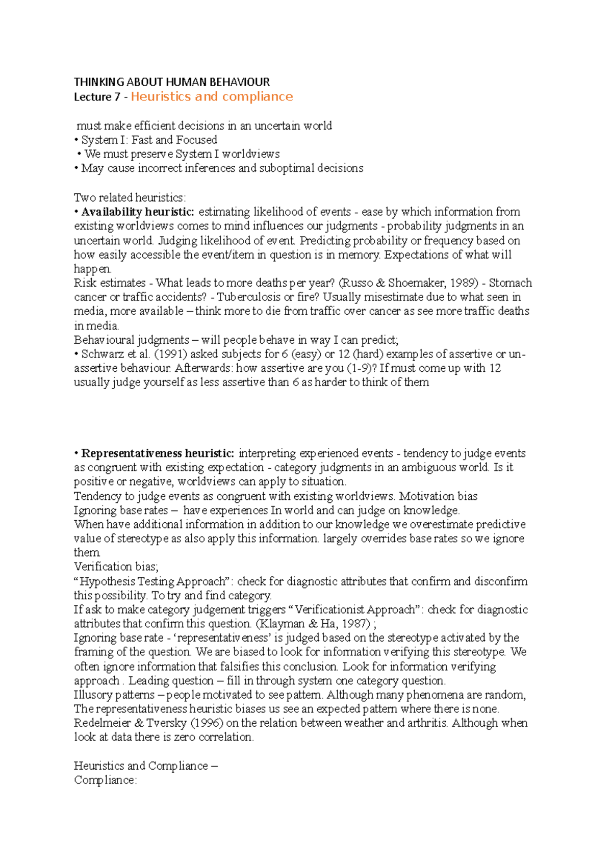 Ps2026 - lecture 7 - THINKING ABOUT HUMAN BEHAVIOUR Lecture 7 ...