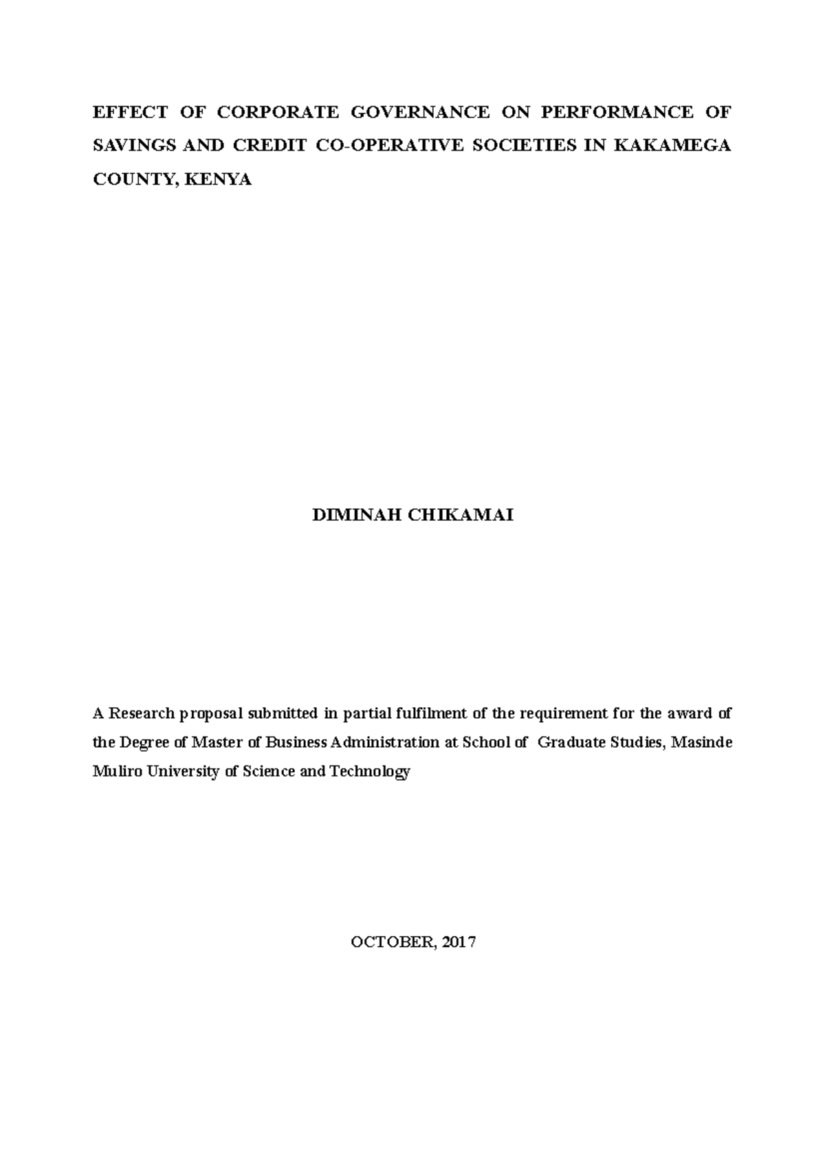 Irene proposal 10 - EFFECT OF CORPORATE GOVERNANCE ON PERFORMANCE OF ...