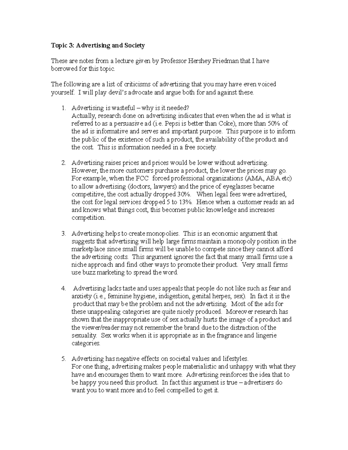 TVRA 2517 topic 3 - Topic 3: Advertising and Society These are notes ...