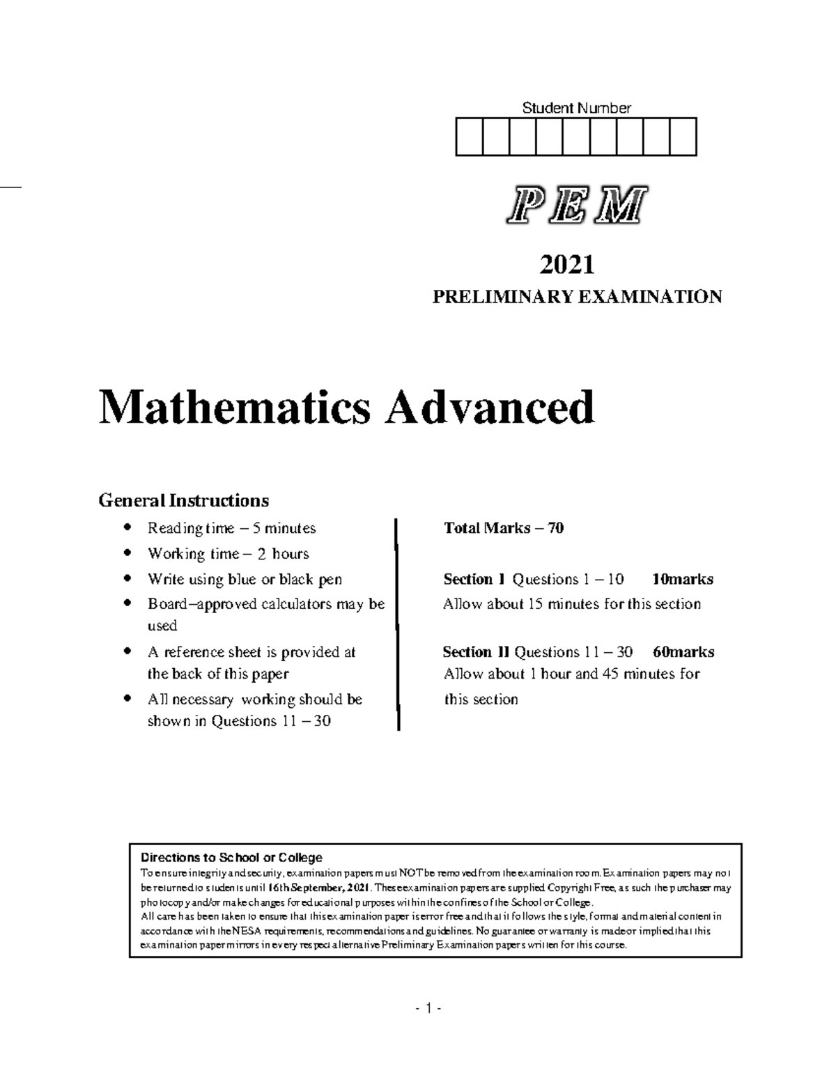 PEM 2021 Mathematics Advanced Preliminary Examination paper - Student ...