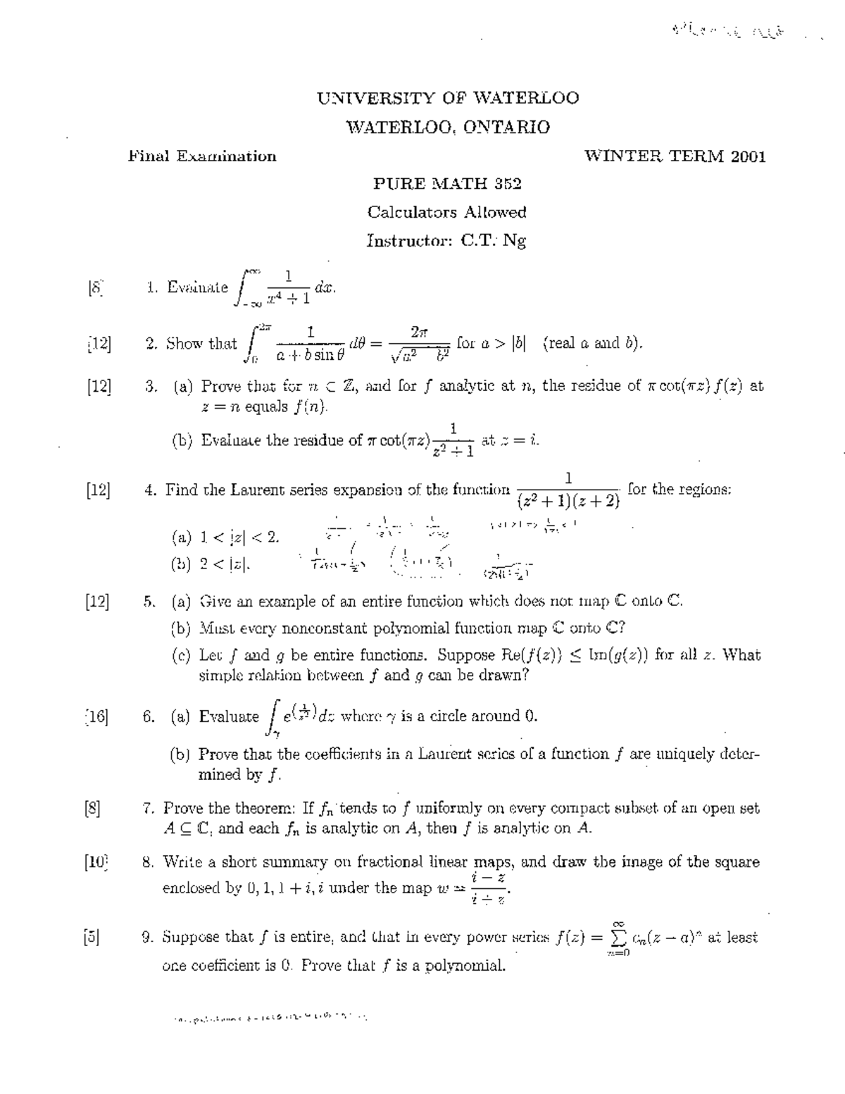 Exam 2001, questions - UNIVERSITY OF WATERLOO ONTARIO Finai Examination ...