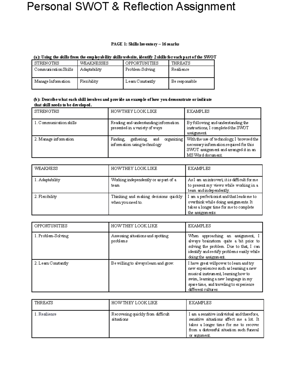 Personal Swot Assignment - Personal SWOT & Reflection Assignment PAGE 1 ...