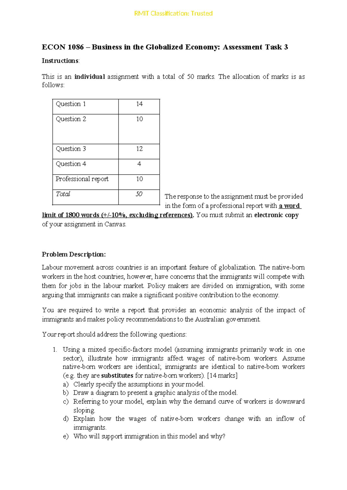 Assessment 3 Instructions-3 - RMIT Classification: Trusted ECON 1086 ...