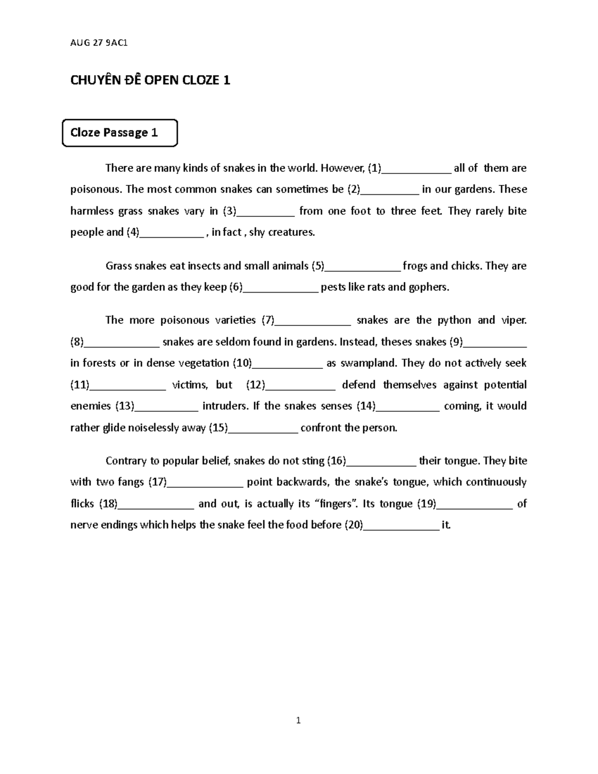 Aug 30 Chuyên ĐỀ OPEN Cloze 1 - CHUYÊN ĐÊỀ OPEN CLOZE 1 Cloze Passage 1 ...