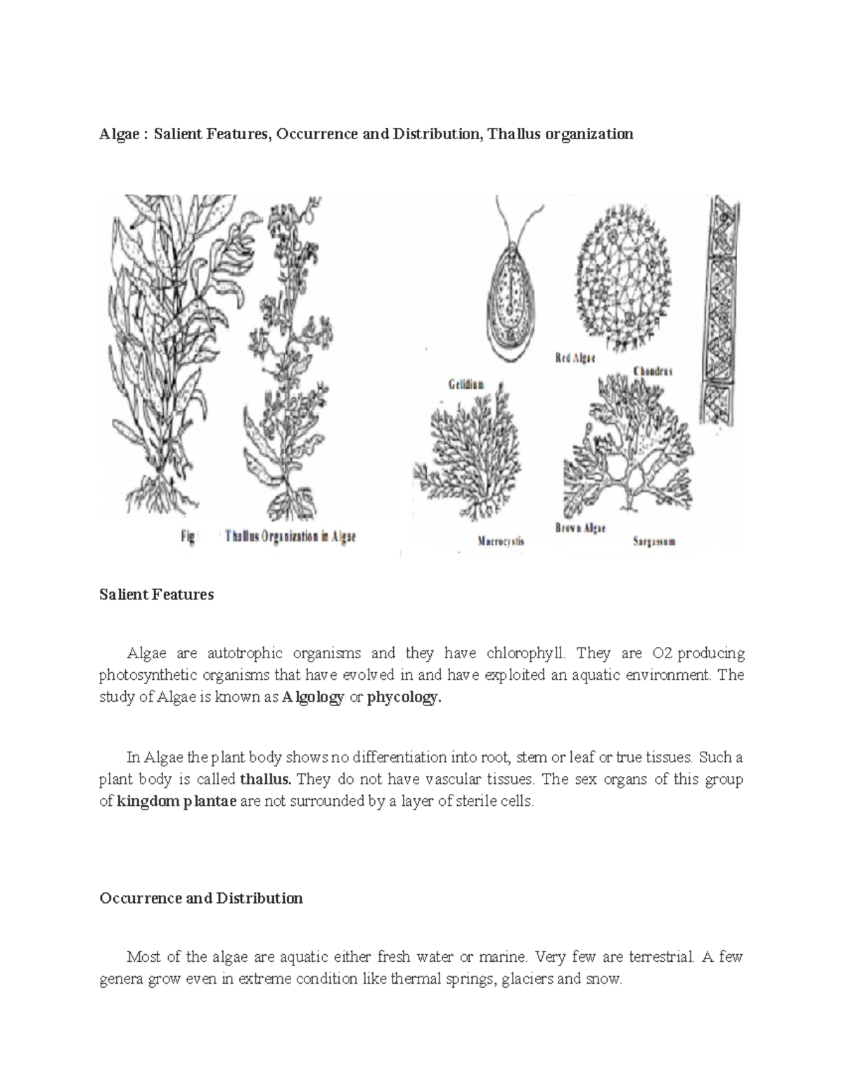 Algae - Lecture notes 1-2 - Algae : Salient Features, Occurrence and ...