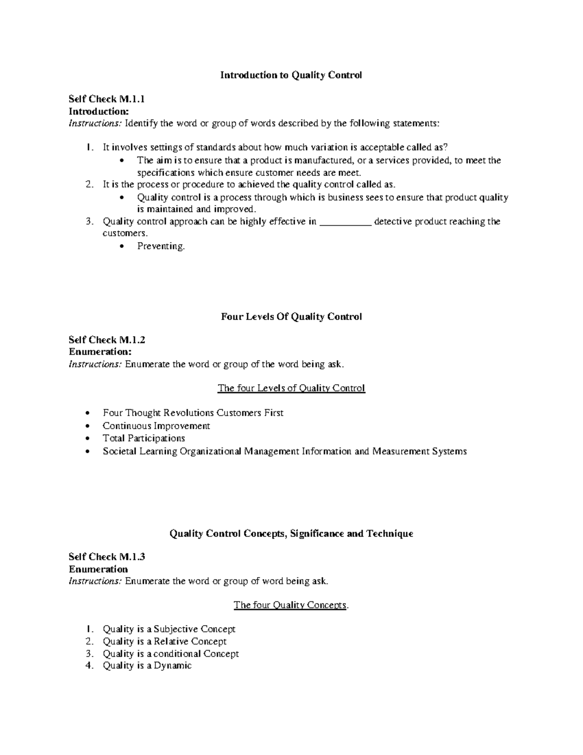 Quality Control Answer - Introduction to Quality Control Self Check M ...