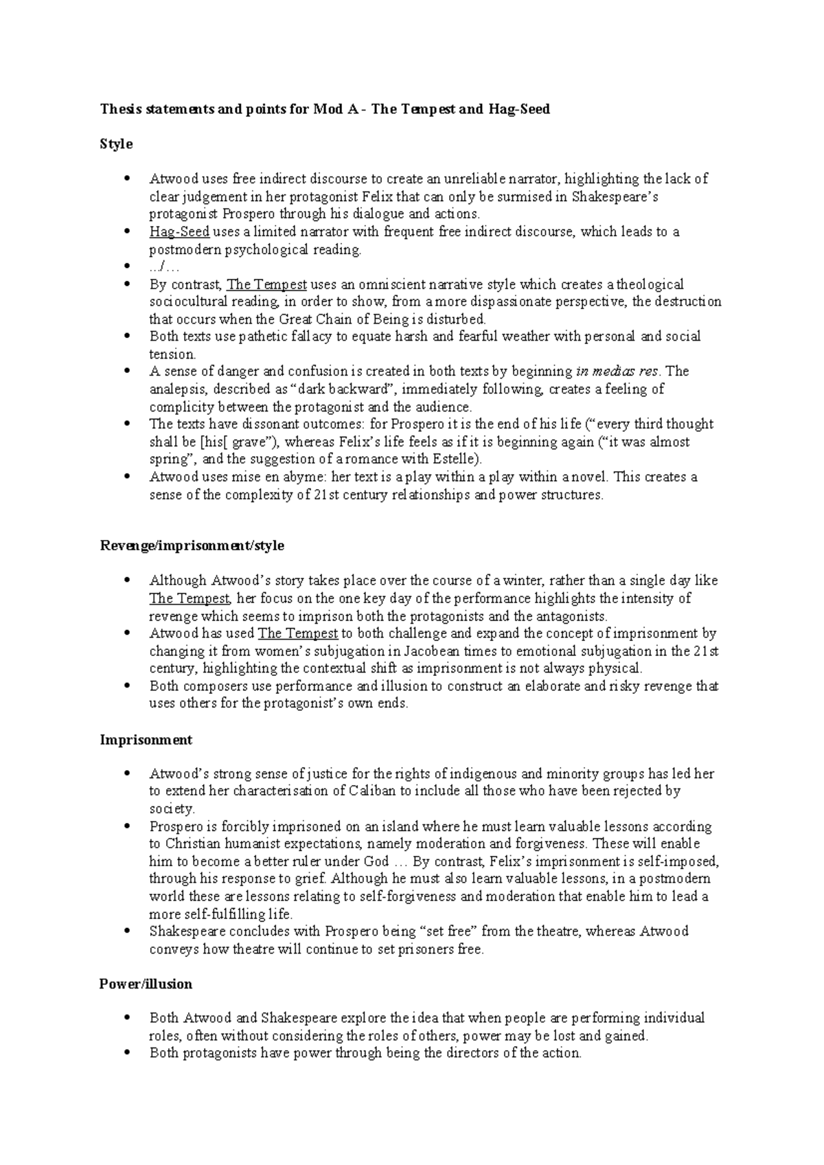Tempest and Hagseed notes - themes - Thesis statements and points for ...