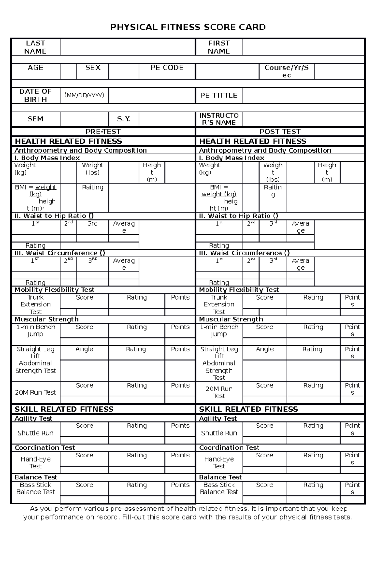 PFT - PHYSICAL FITNESS SCORE CARD LAST NAME FIRST NAME AGE SEX PE CODE ...