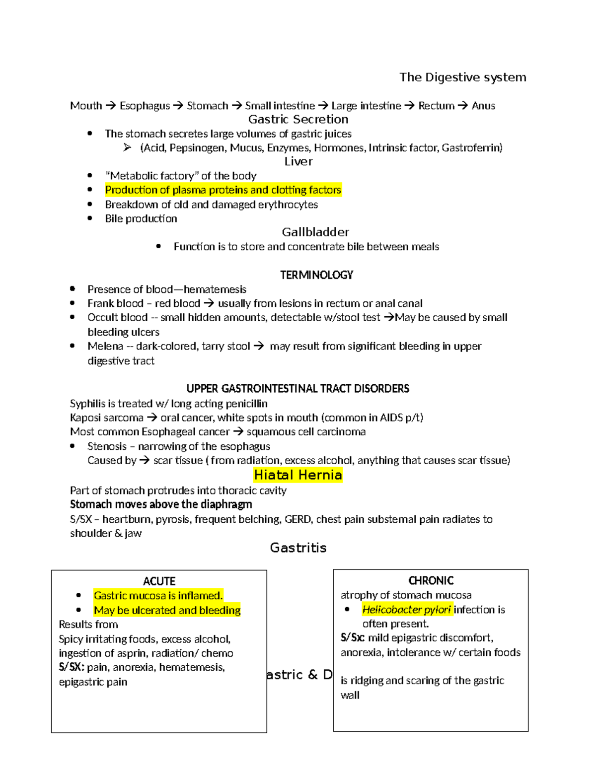 The Digestive system Notes - The Digestive system Mouth Esophagus ...