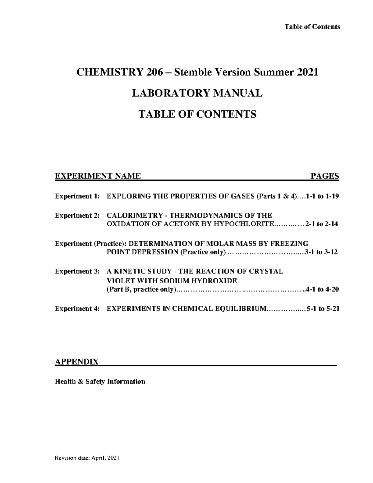 Full CHEM 206 Lab Manual PDF (Concordia University) - Table of Contents ...