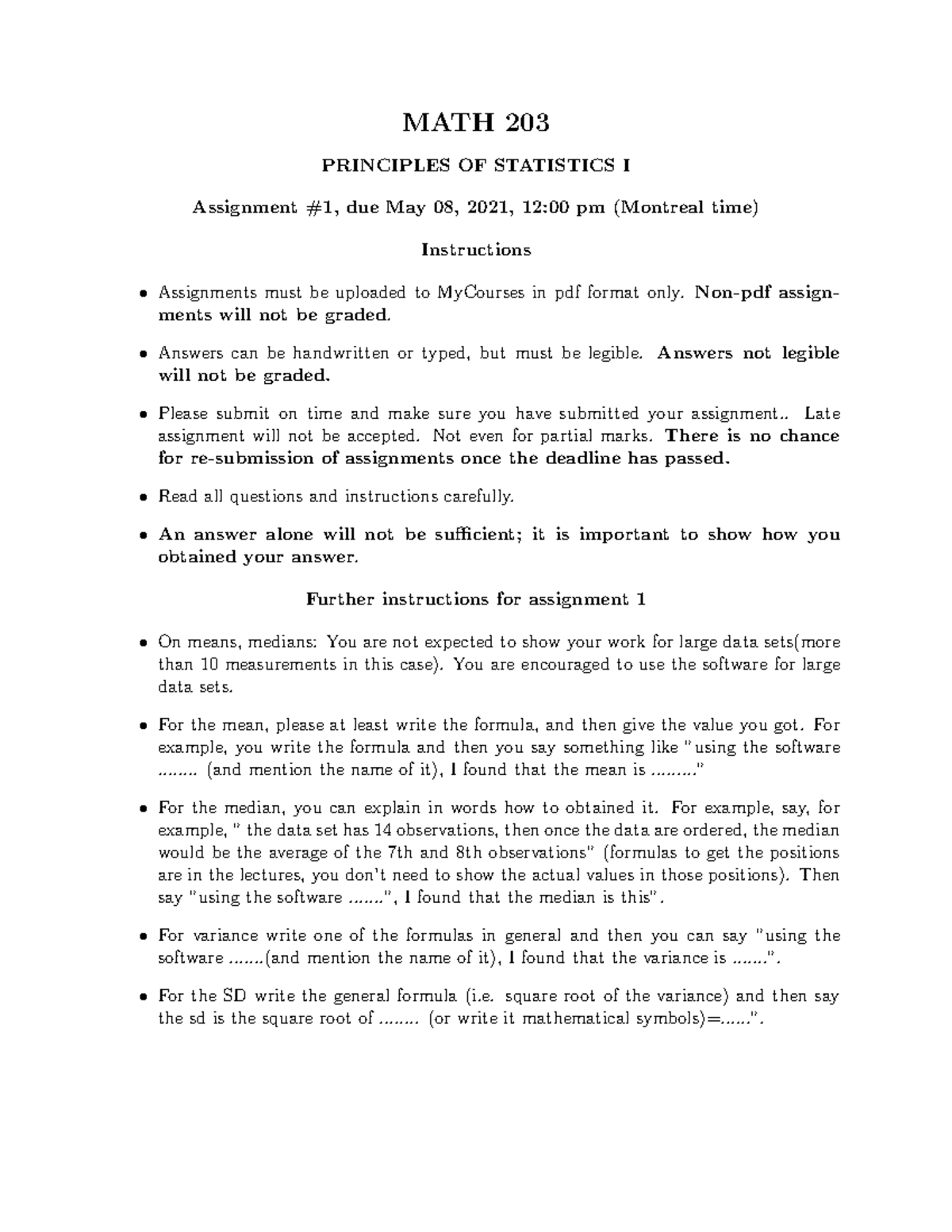 Math 203 Assignment 1 S - MATH 203 PRINCIPLES OF STATISTICS I ...