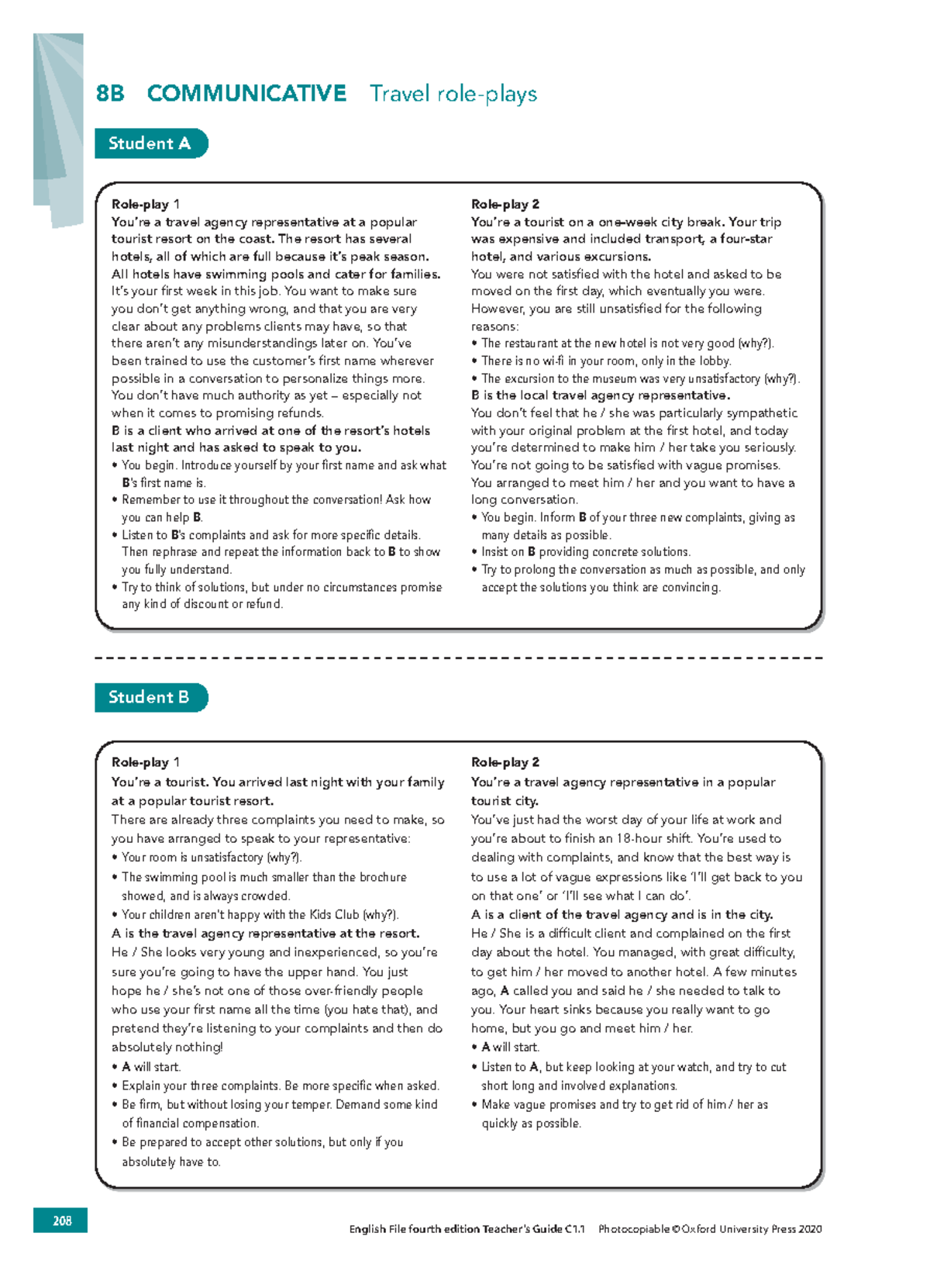 8B Communicative Travel role-plays - 208 English File fourth edition ...