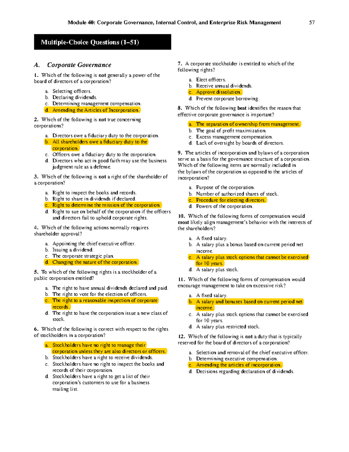 MAS Wiley Reviewer - Module 40: Corporate Governance, Internal Control ...