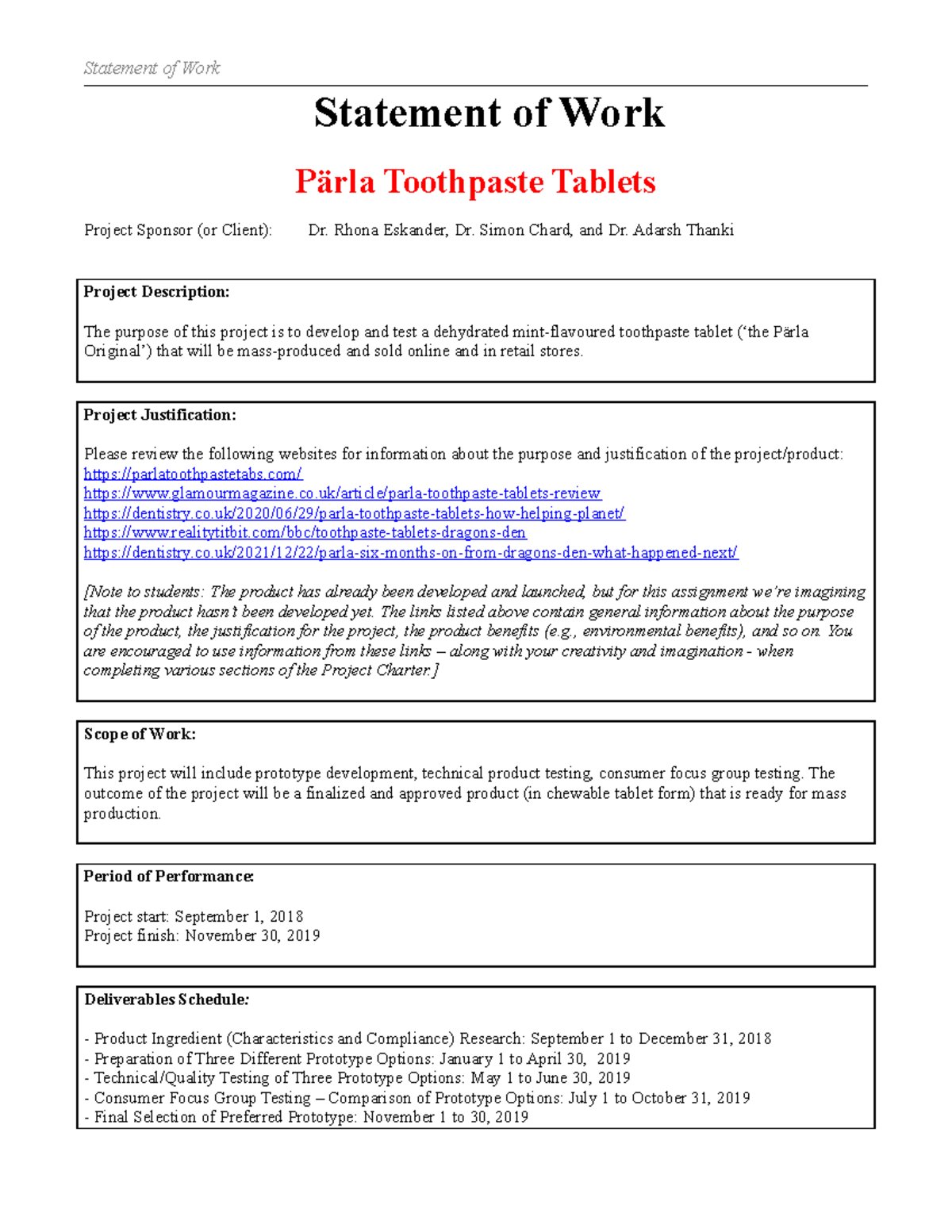 Parla Toothpaste Tablets - Statement of Work - Statement of Work ...