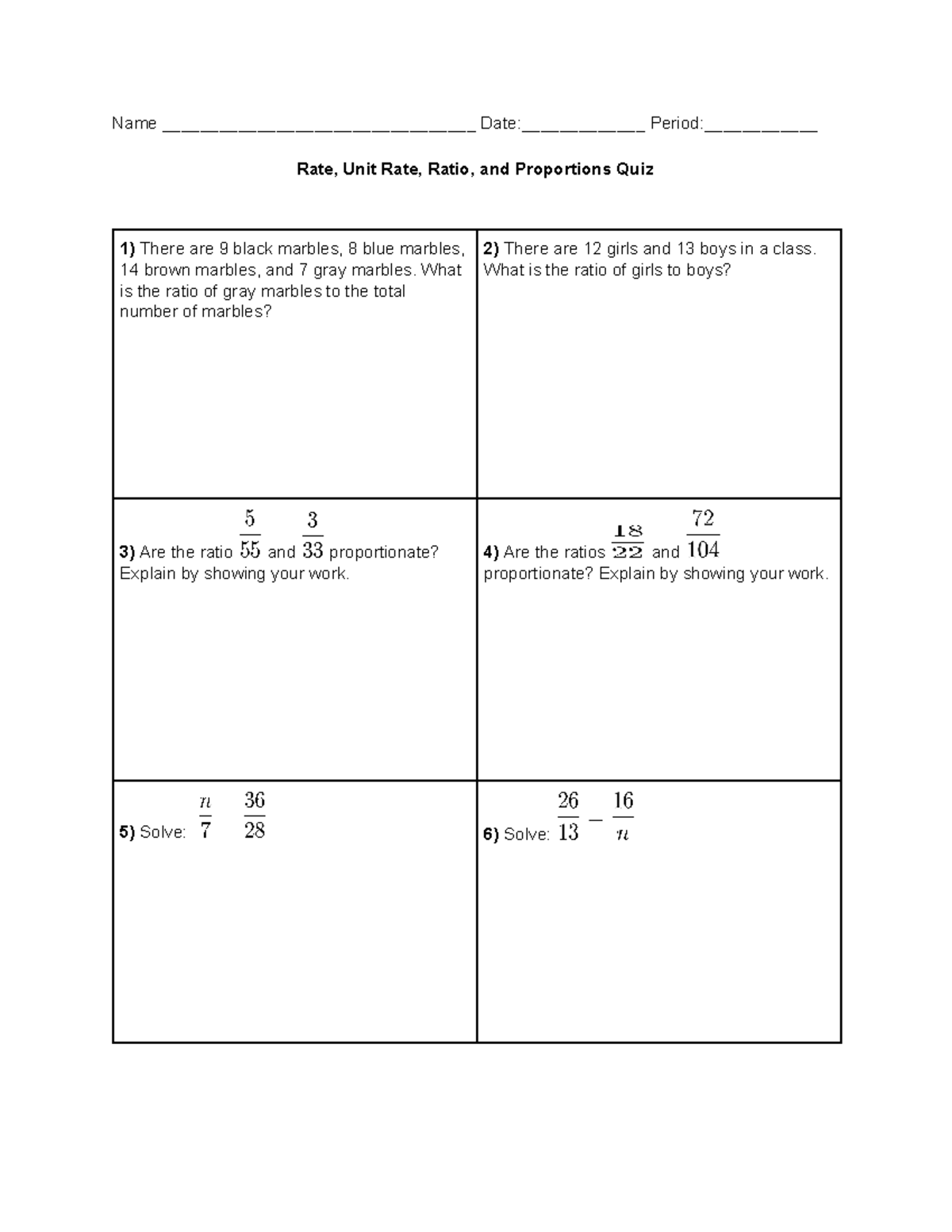 Proportions Take Home Quiz - Name ...