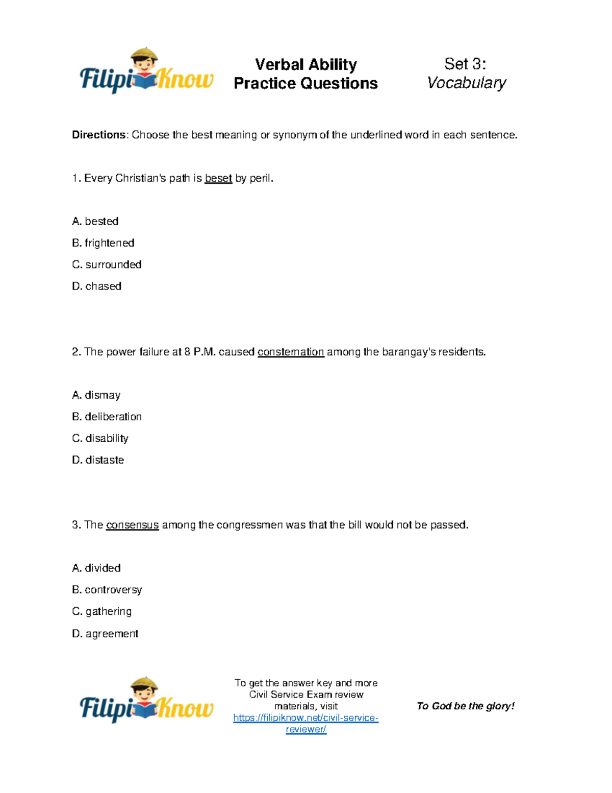 Verbal Ability Practice Questions Set 3 - Verbal Ability Practice Questions Vocabulary To get ...