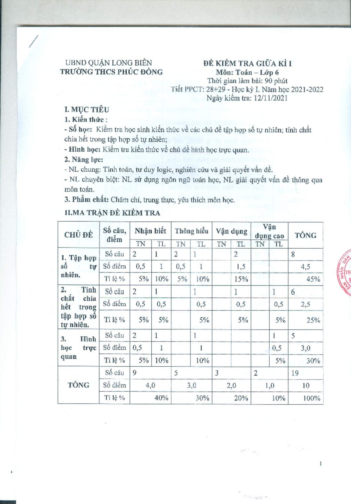 De kiem tra giua ki 1 toan 6 nam 2021 2022 truong thcs phuc dong ha noi - Thanh Thai Tu - Studocu