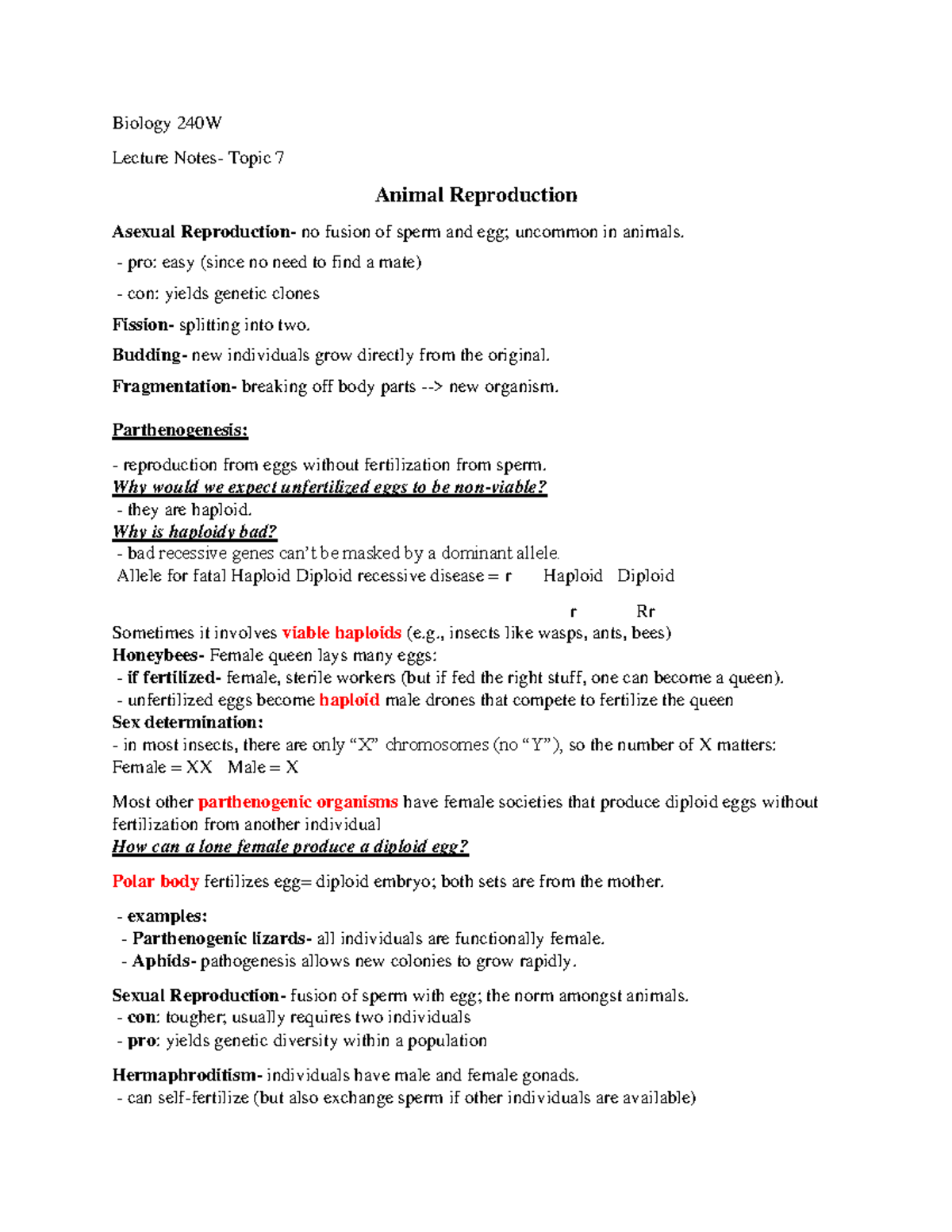 Animal Reproduction notes - Biology 240W Lecture Notes- Topic 7 Animal ...