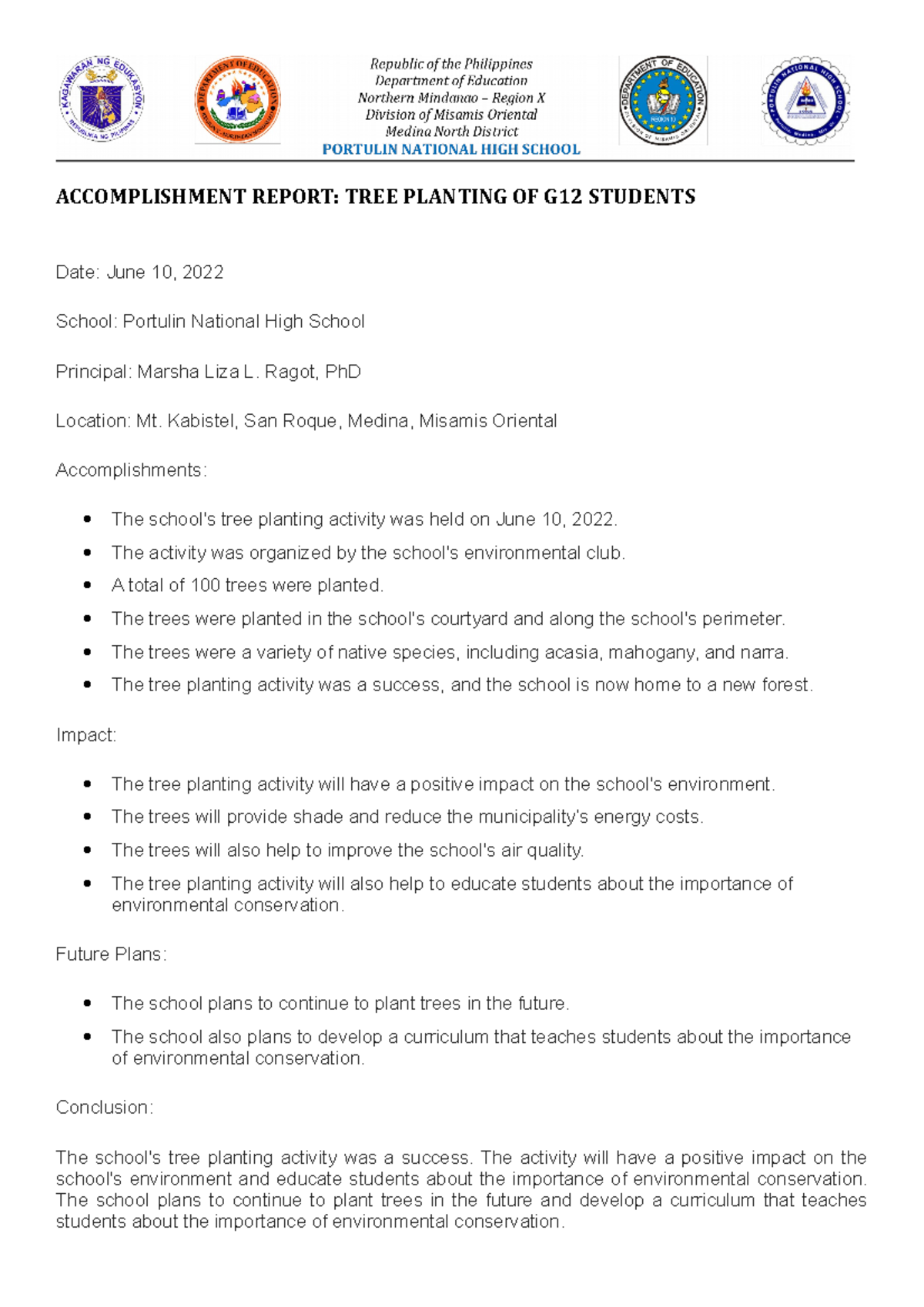 Tree planting - essay - ACCOMPLISHMENT REPORT: TREE PLANTING OF G12 ...