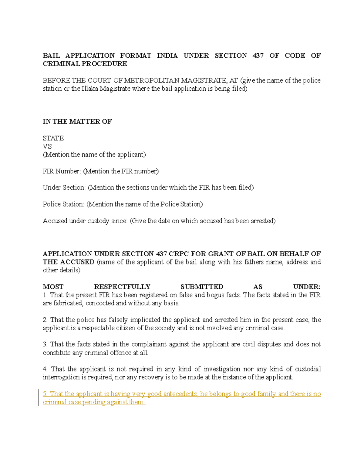 Bail Formate 2 Bail Appication BAIL APPLICATION FORMAT INDIA UNDER