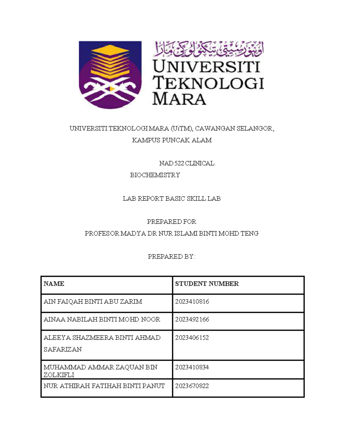Lab report 1 biochem - DO IT - UNIVERSITI TEKNOLOGI MARA (UiTM ...