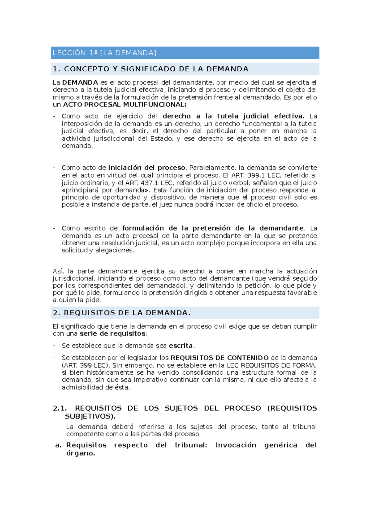 Tema 1. Procesal Civil - LECCIÓN 1ª [LA DEMANDA] 1. CONCEPTO Y ...