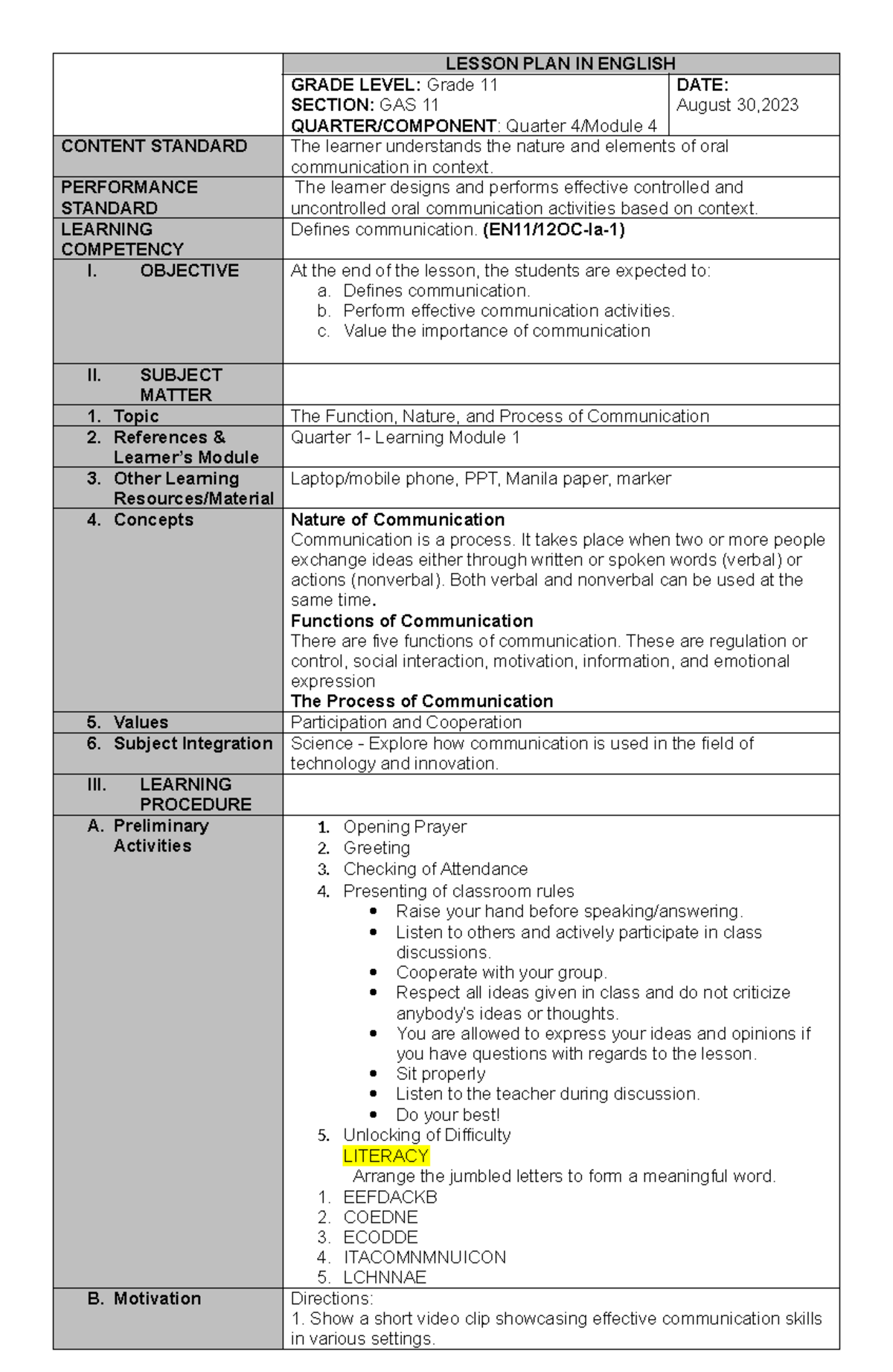 Lesson PLAN for DEMO - Alternative - LESSON PLAN IN ENGLISH GRADE LEVEL ...