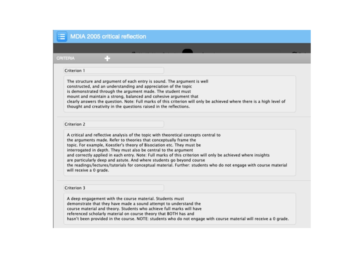 Assignment 1 marking rubric - MDIA 2005 critical reflection CRITERIA ...