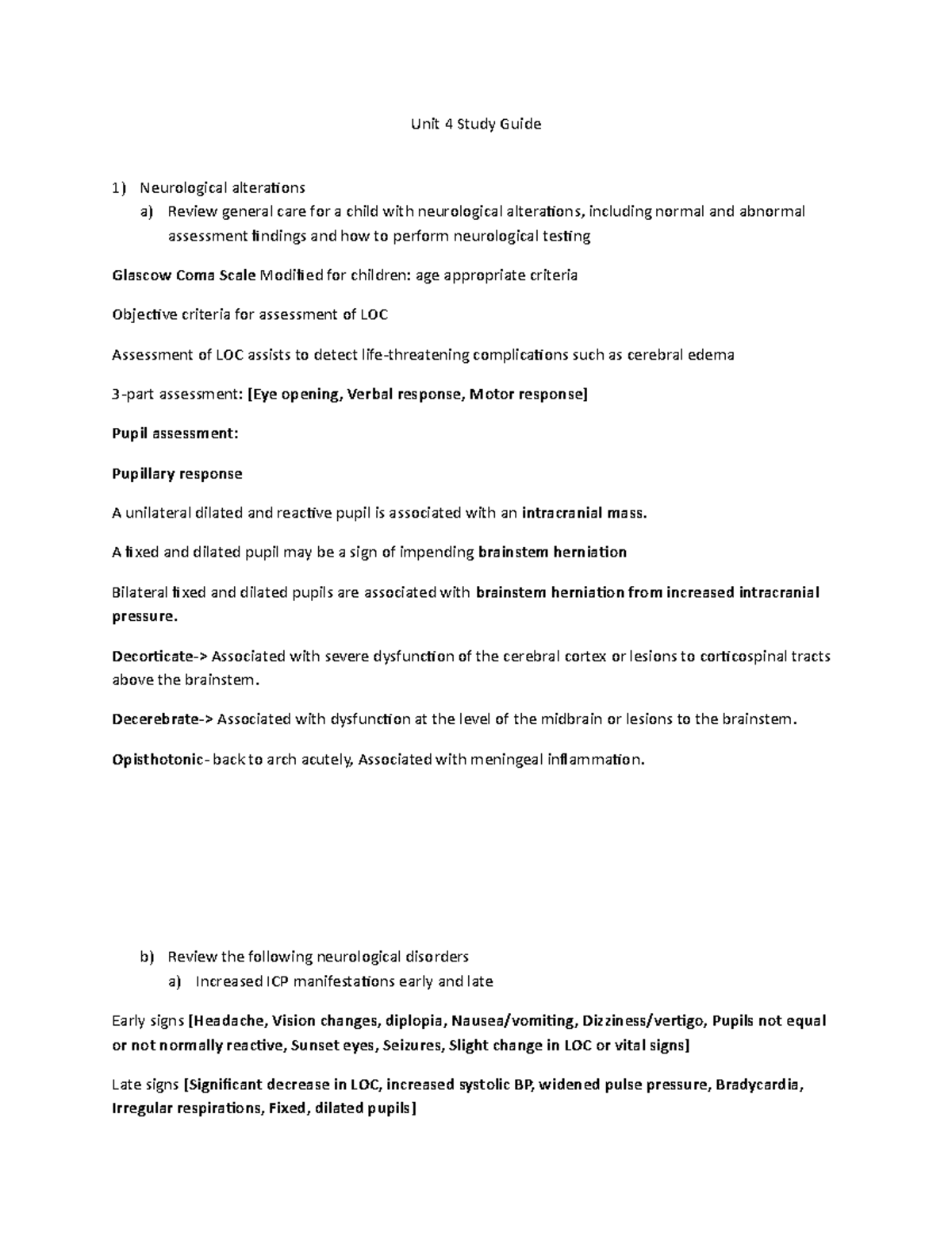 Study Guide Unit 4 Spring 2021 - Unit 4 Study Guide Neurological ...
