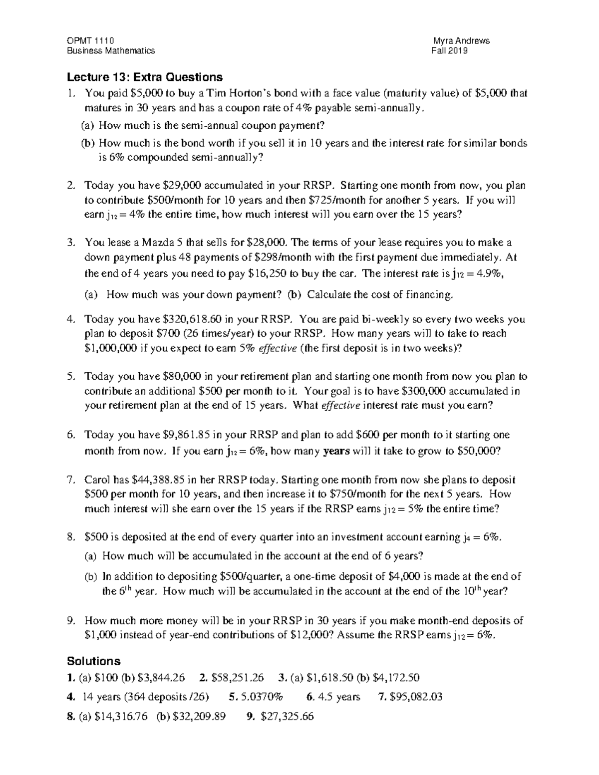 Lecture 13 Extra Questions Solutions OPMT-1110-0 - Business Mathematics - OPMT 1110 Myra Andrews ...