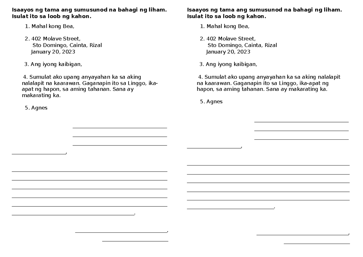 Liham activity - Isaayos ng tama ang sumusunod na bahagi ng liham ...