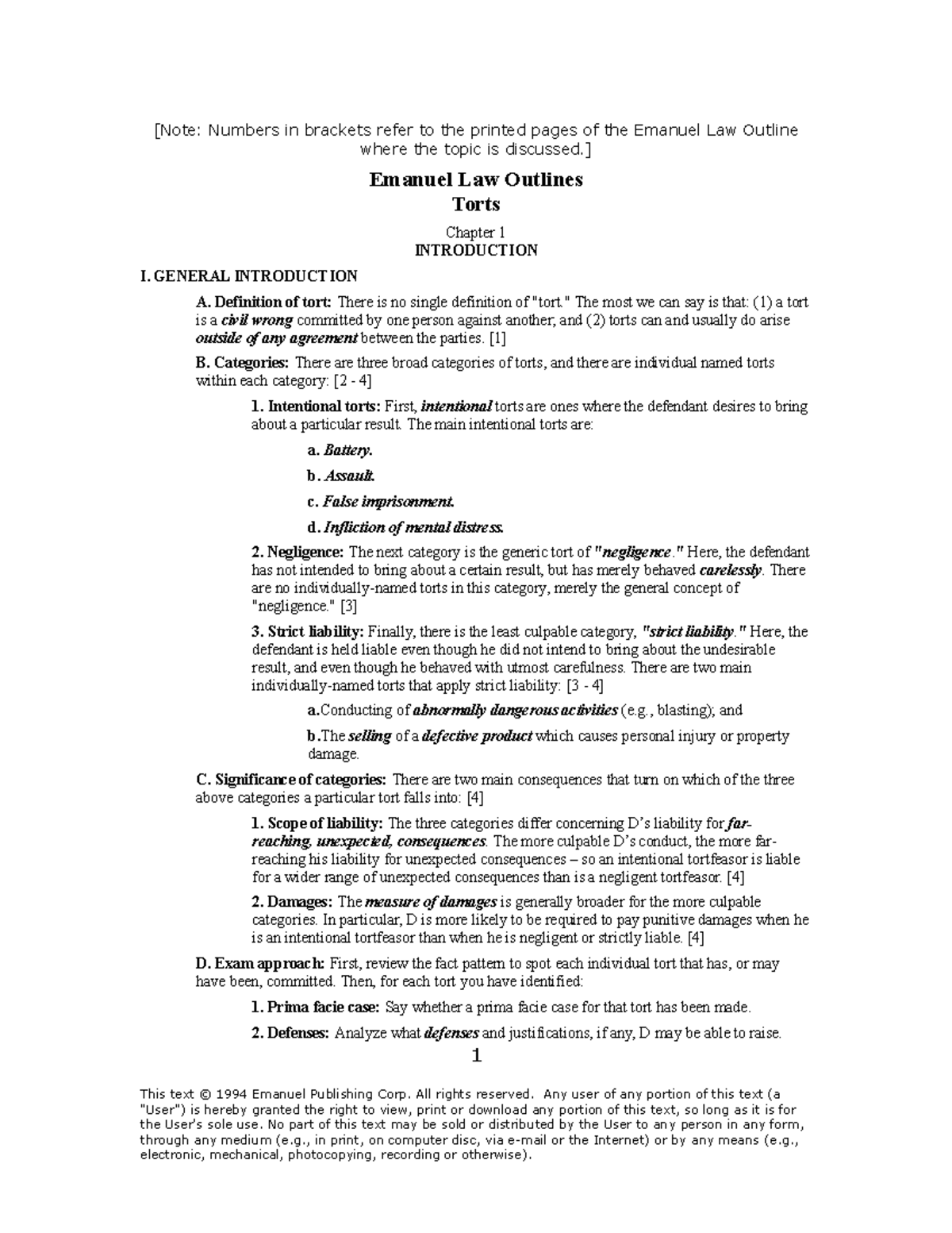 Emanuel S. - Emanuel Law Outlines Torts - [Note: Numbers in brackets ...