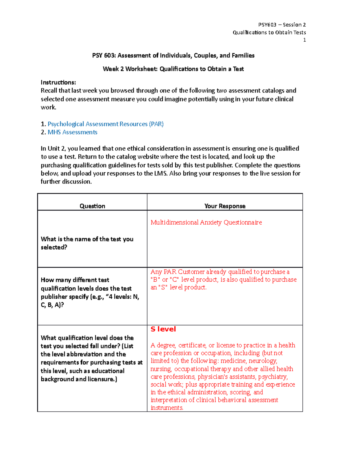 Week 2 worksheet - week 2 - PSY603 – Session 2 Qualifications to Obtain ...